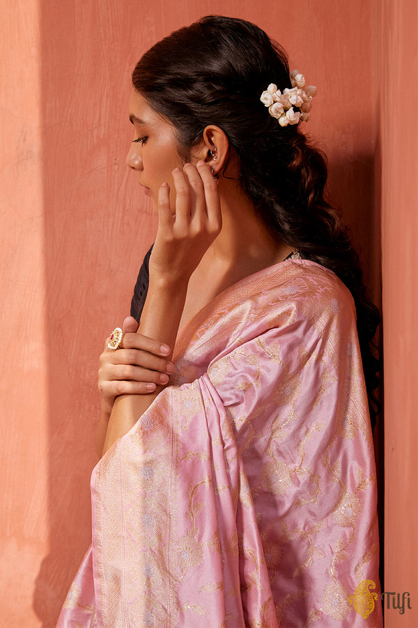 Arya' Soft Pink Pure Katan Silk Banarasi Handloom Saree - Tilfi