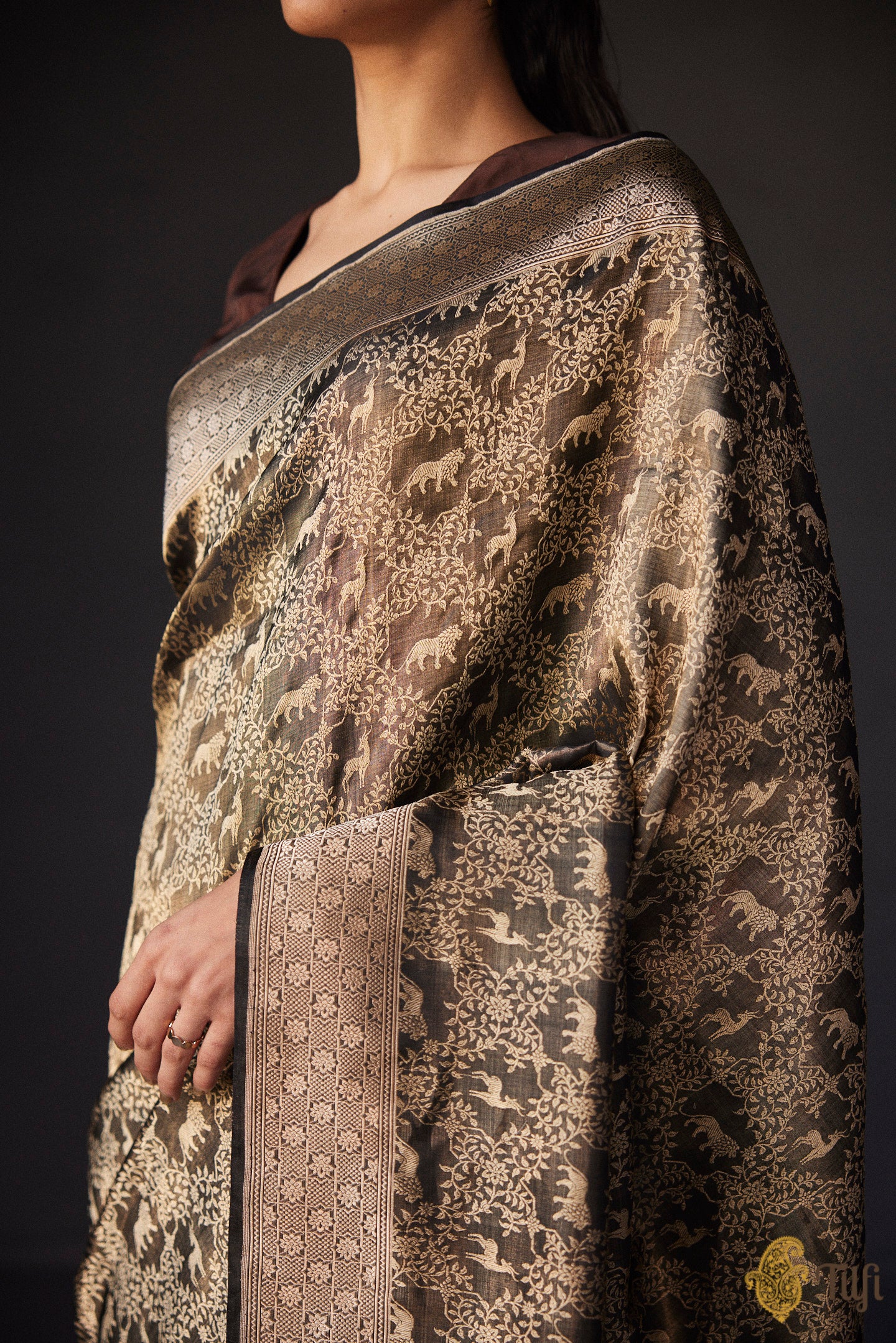 Black Pure Satin Silk Tissue Banarasi Shikargah Handloom Saree - Tilfi