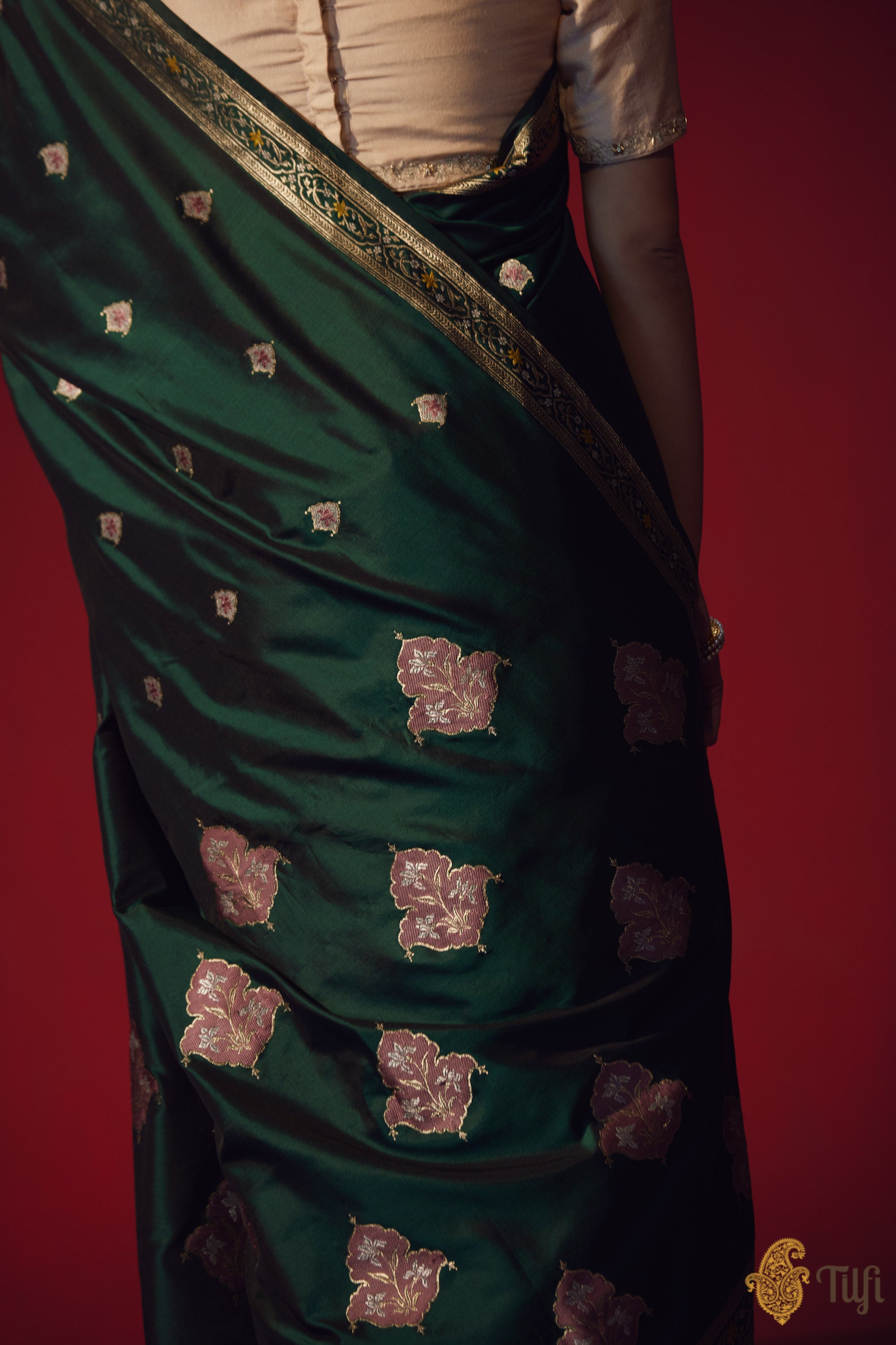 Pre-Order: 'Shanta' Bottle Green Pure Katan Silk Banarasi Handloom Sar - Tilfi