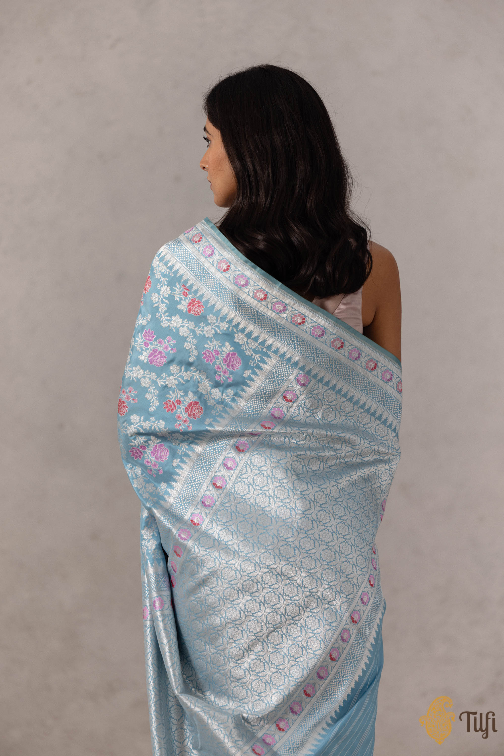 Light Firozi Blue Pure Katan Silk Banarasi Handloom Saree - Tilfi