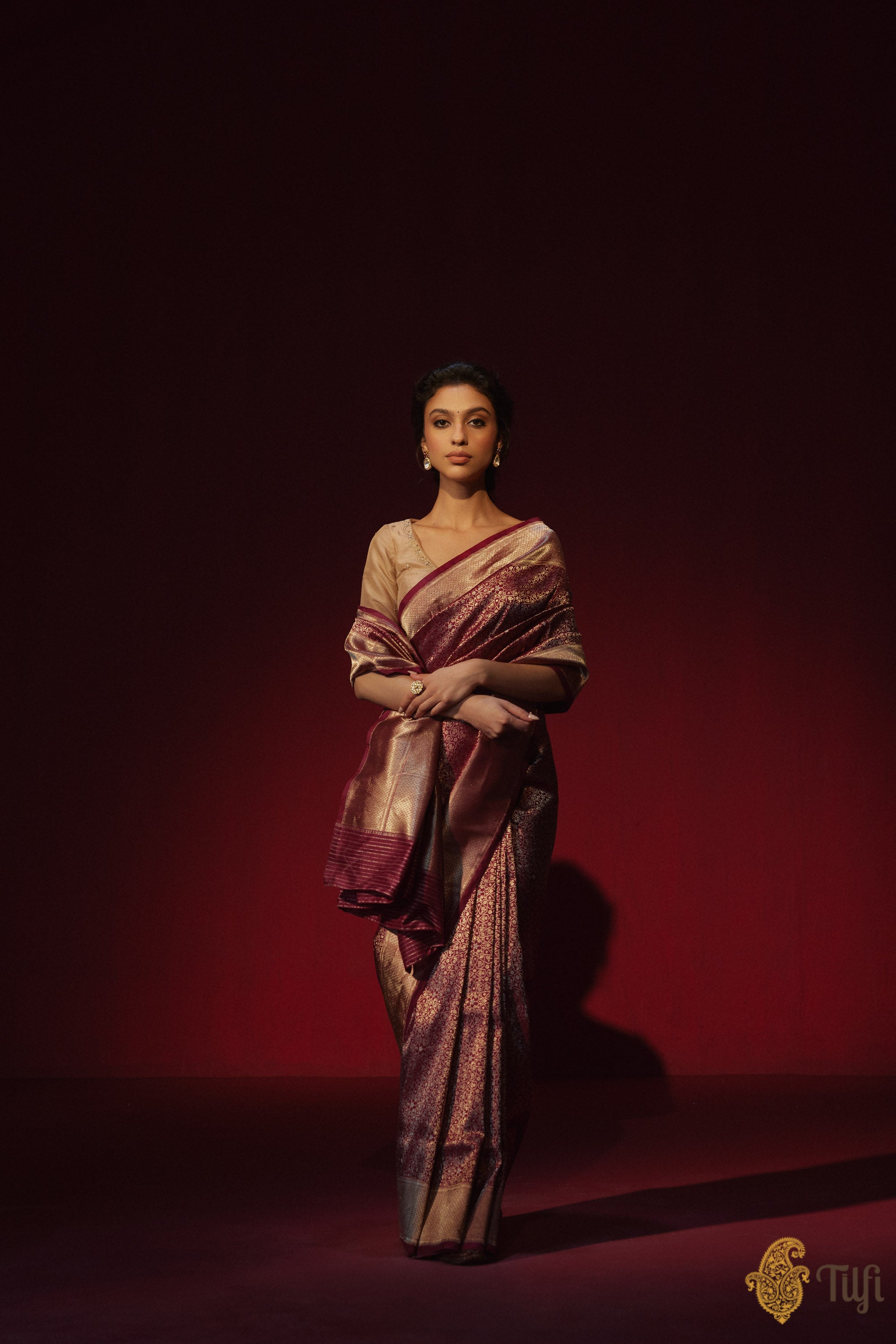 'Zohra' Deep Maroon Pure Katan Silk Banarasi Handloom Saree - Tilfi