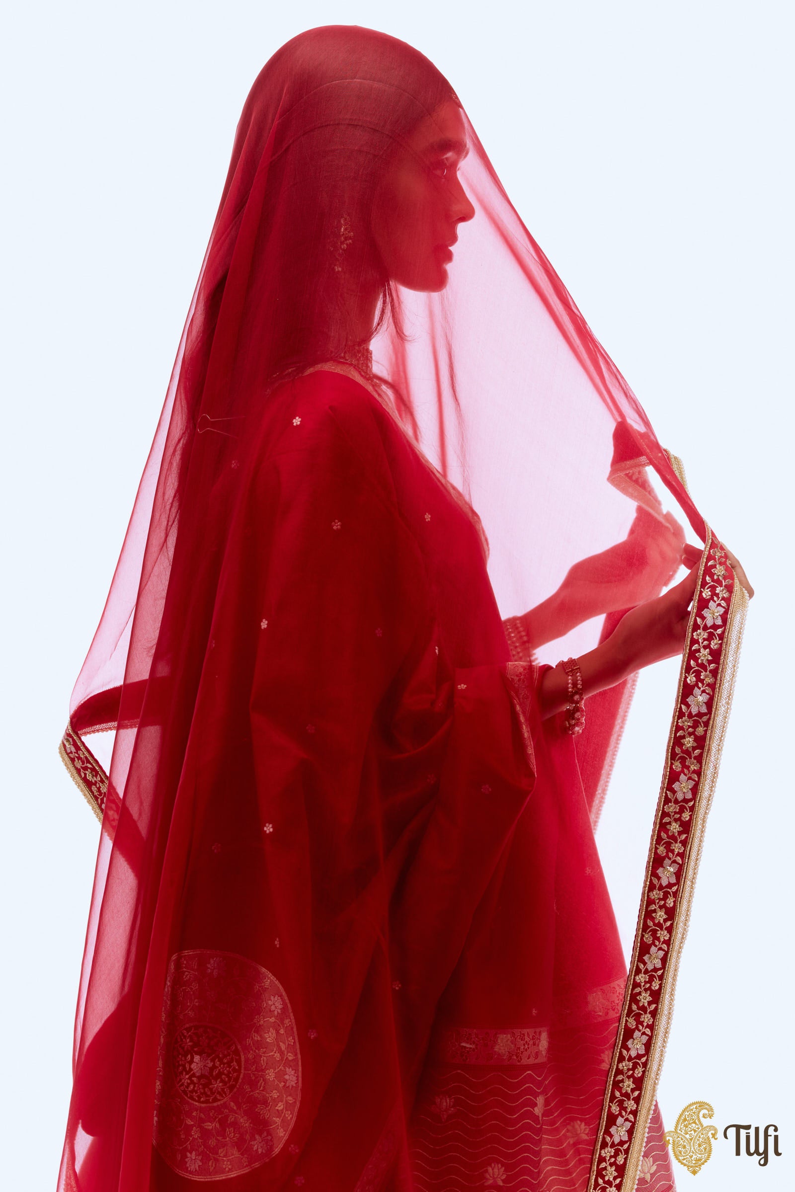 Red Pure Organza Silk Hand-Embroidered Odhani - Tilfi