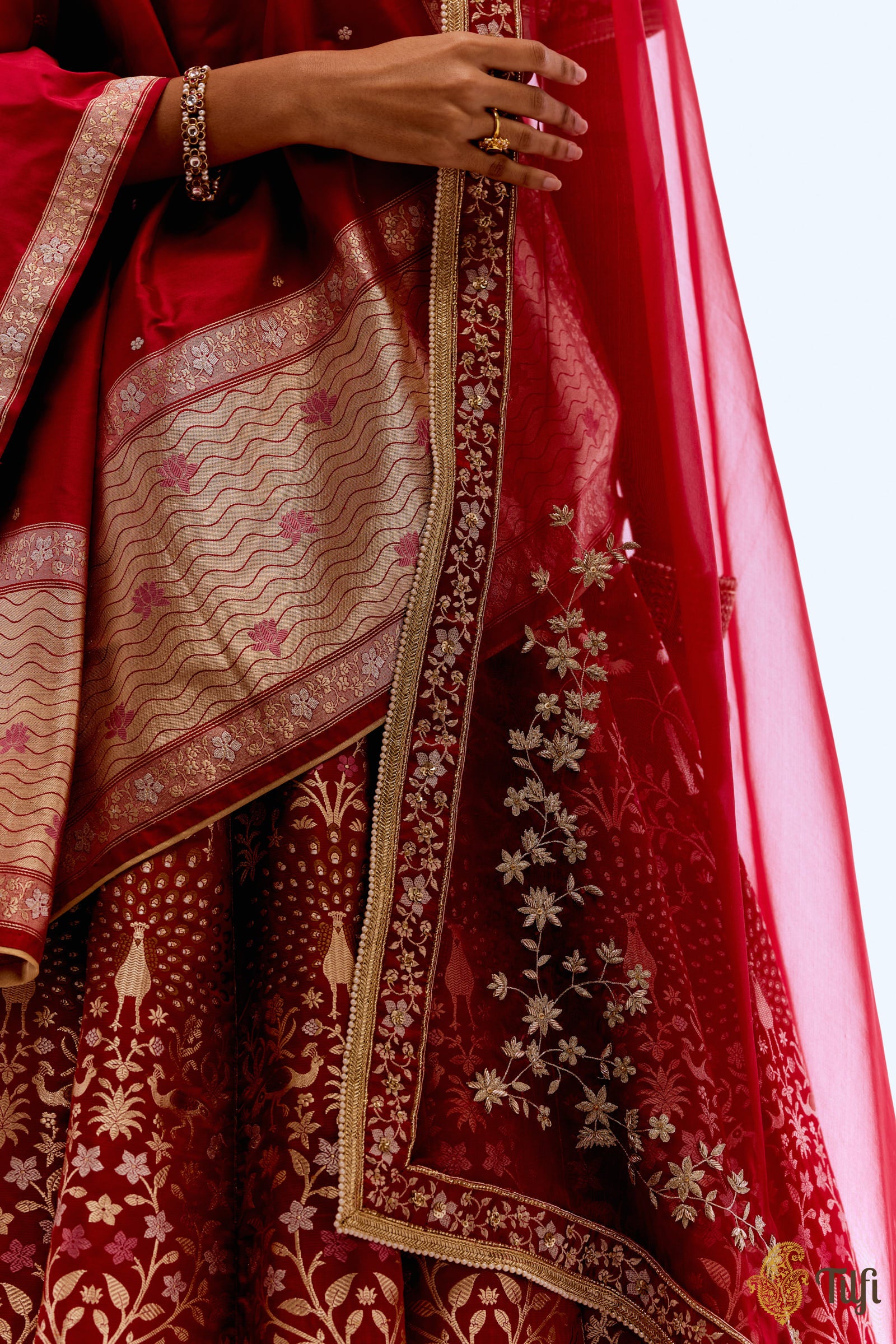 Red Pure Organza Silk Hand-Embroidered Odhani - Tilfi