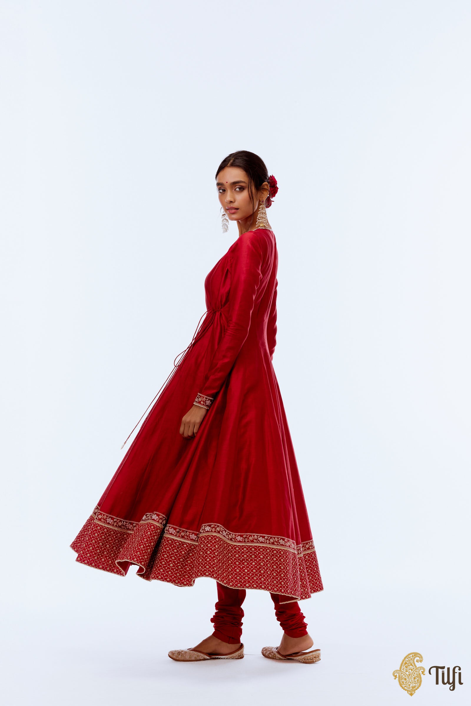 Red Hand-Embroidered Pure Silk Anarkali Churidar Suit Set - Tilfi