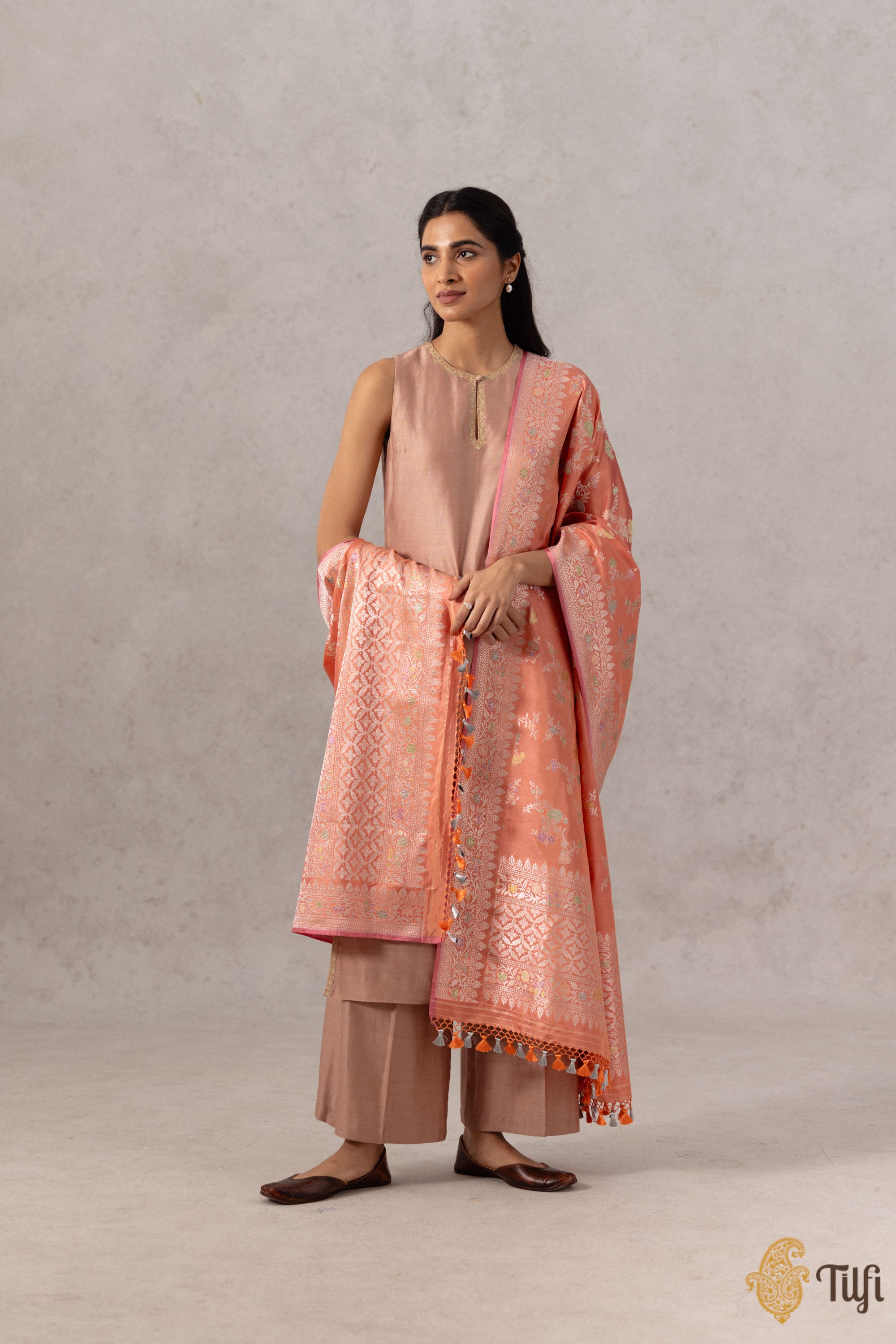 Coral Peach Pure Katan Silk Banarasi Handloom Dupatta - Tilfi