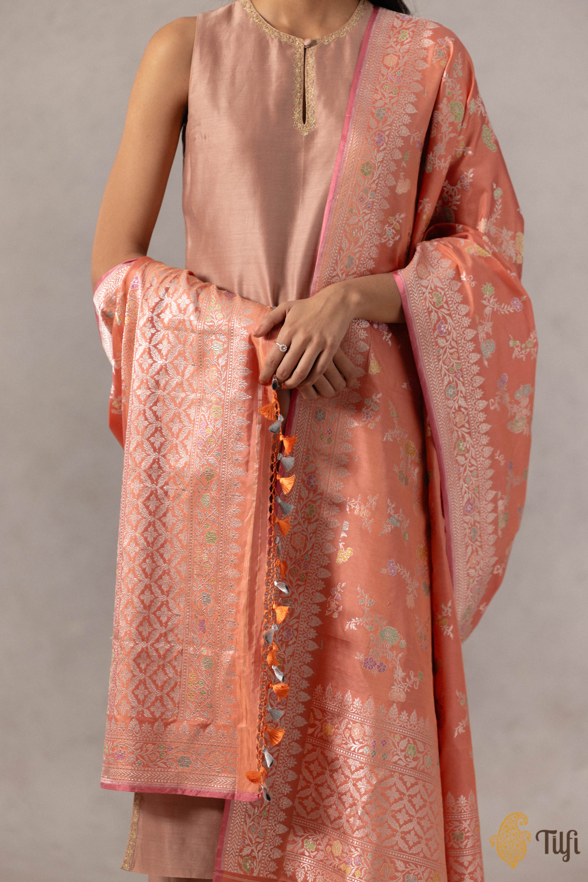 Coral Peach Pure Katan Silk Banarasi Handloom Dupatta - Tilfi