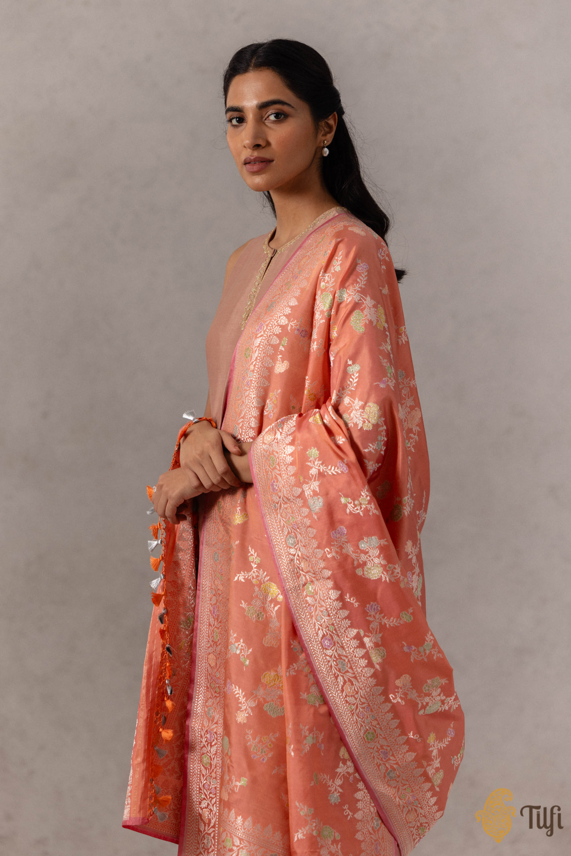 Coral Peach Pure Katan Silk Banarasi Handloom Dupatta - Tilfi