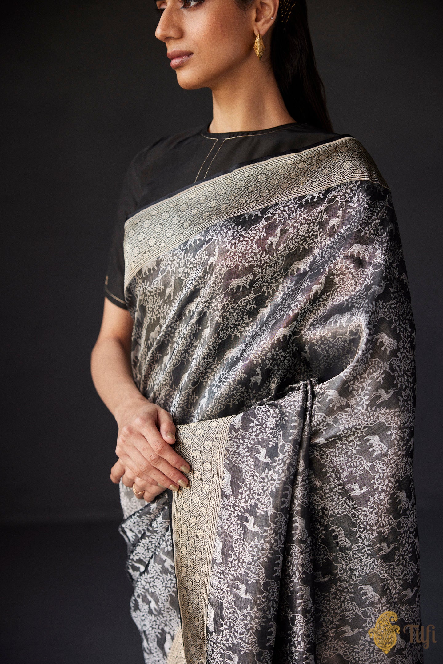 Black Pure Satin Silk Tissue Banarasi Shikargah Handloom Saree - Tilfi