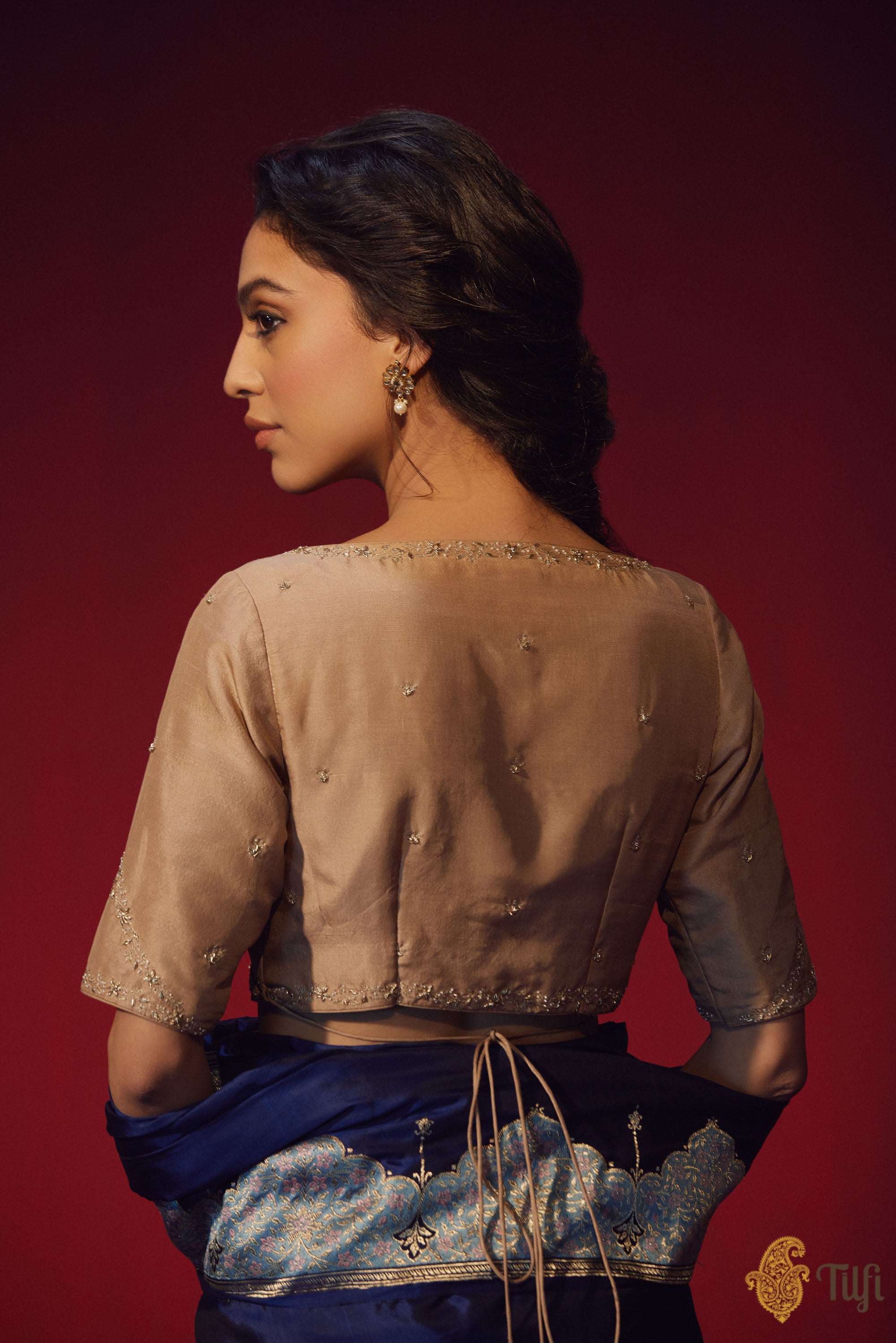 Beige Hand-embroidered Angrakha Blouse - Tilfi