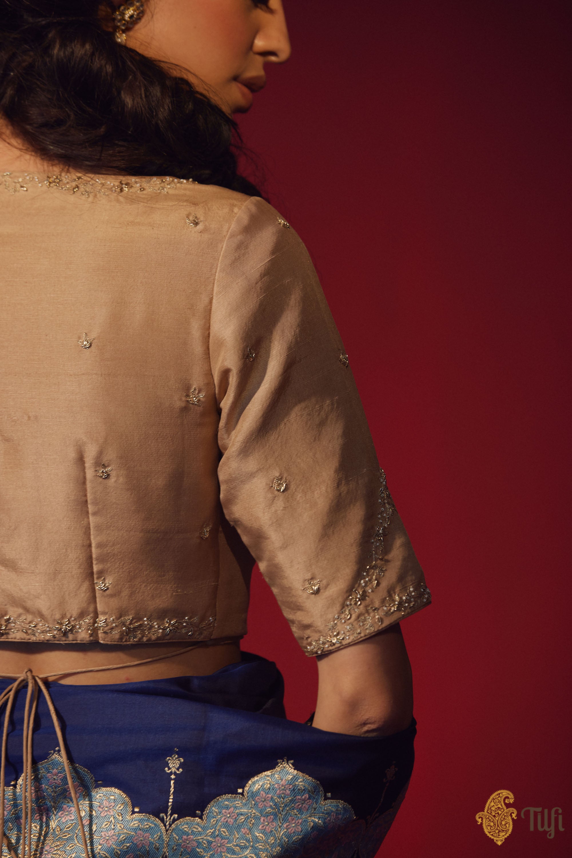 Beige Hand-embroidered Angrakha Blouse - Tilfi