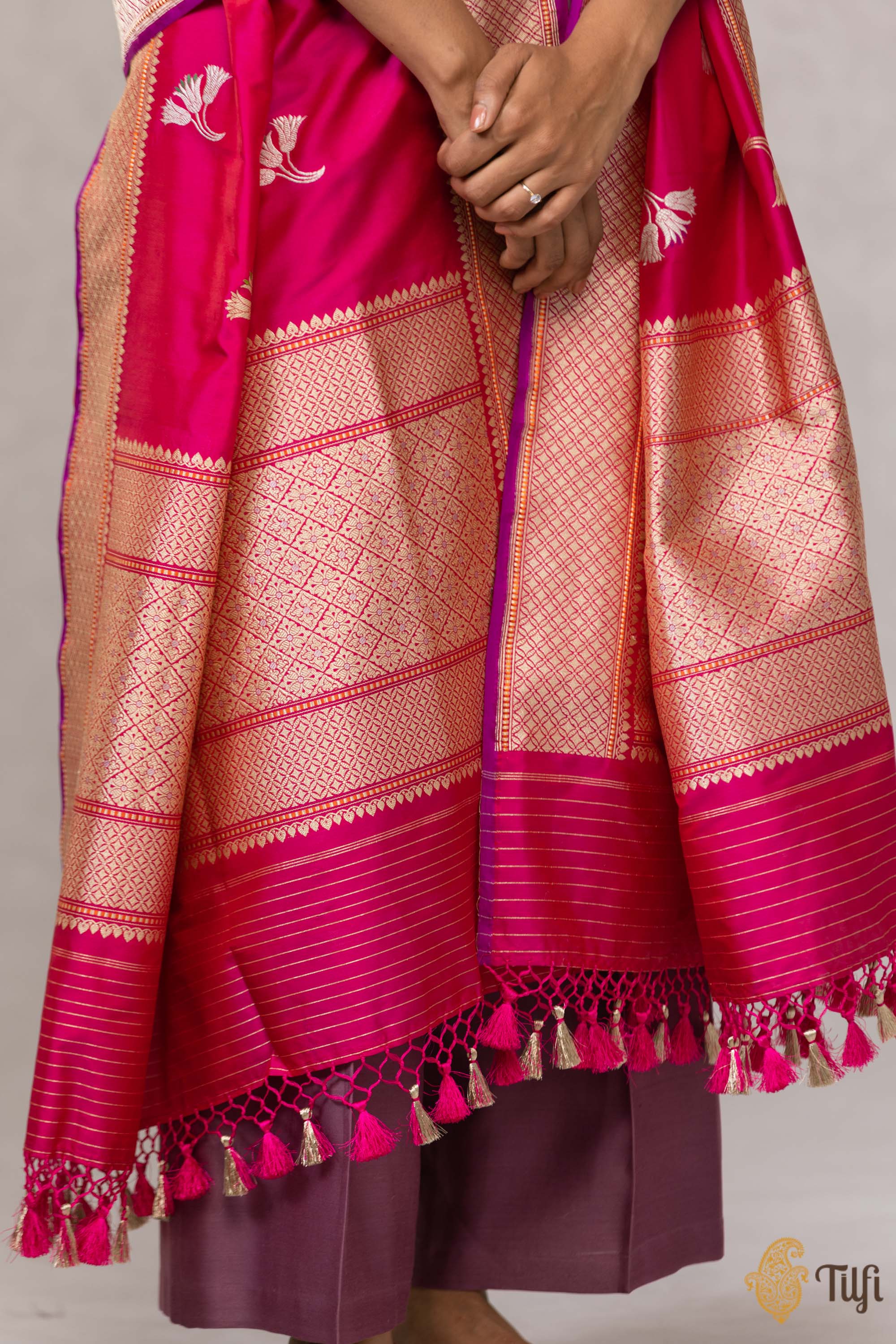 Red-Rani Pink Pure Katan Silk Banarasi Handloom Dupatta - Tilfi