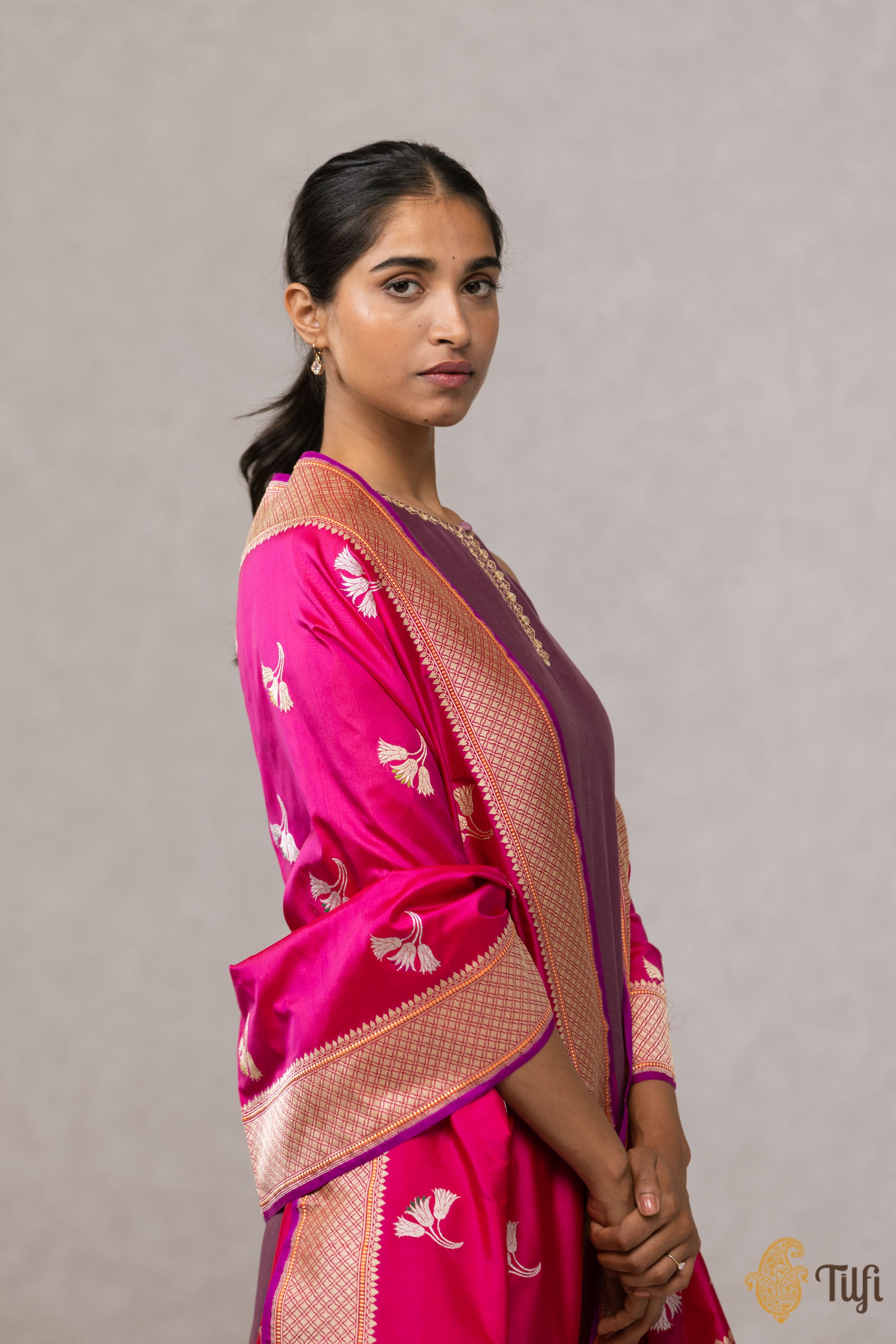 Red-Rani Pink Pure Katan Silk Banarasi Handloom Dupatta - Tilfi