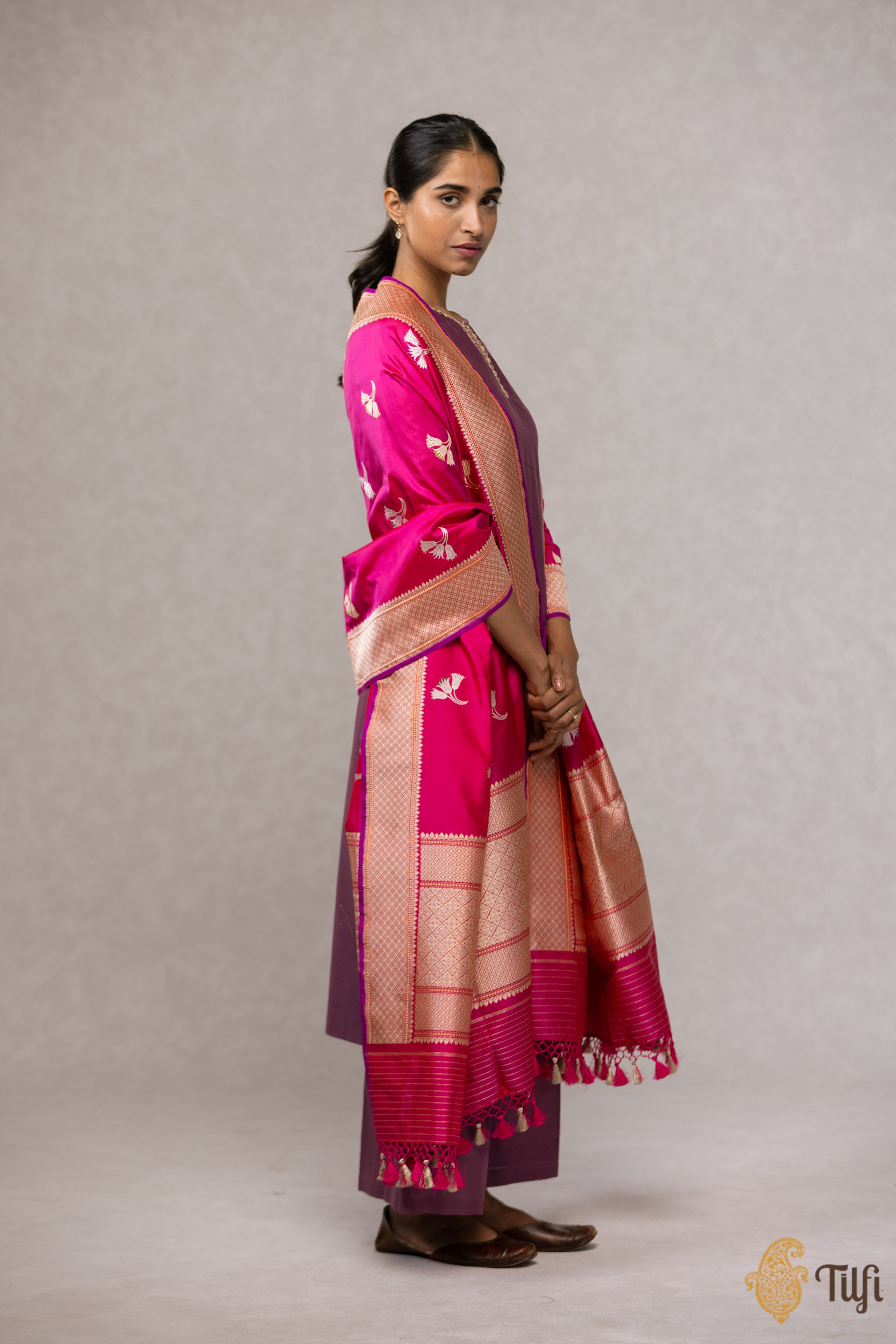 Red-Rani Pink Pure Katan Silk Banarasi Handloom Dupatta - Tilfi