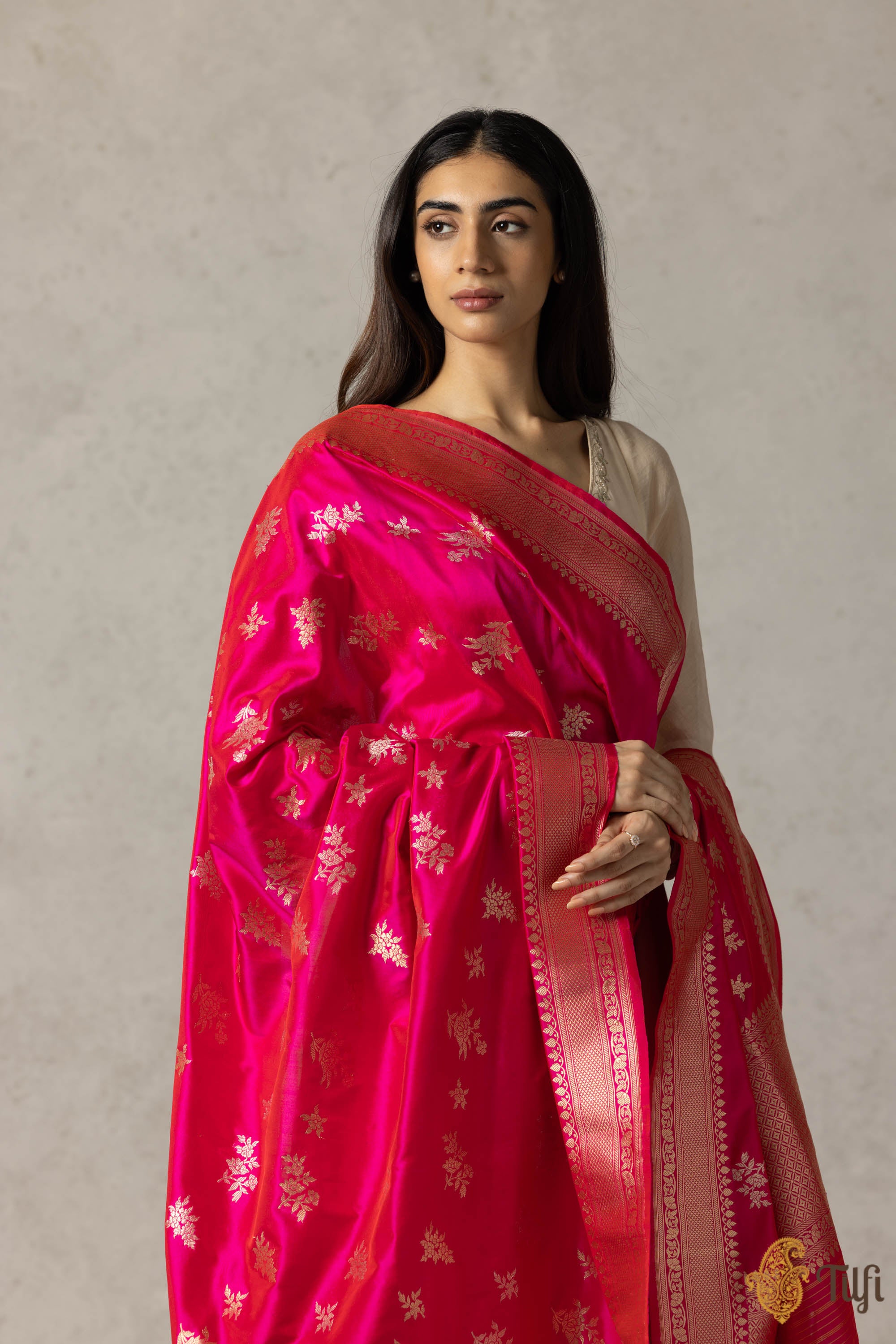 Red-Rani Pink Pure Katan Silk Banarasi Handloom Dupatta - Tilfi