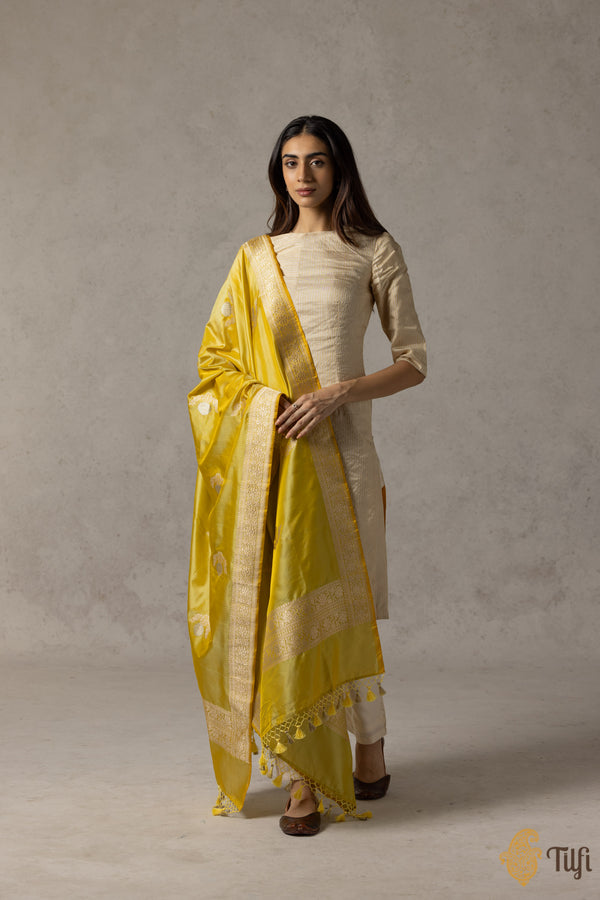 Light Yellow Pure Katan Silk Banarasi Handloom Dupatta - Tilfi