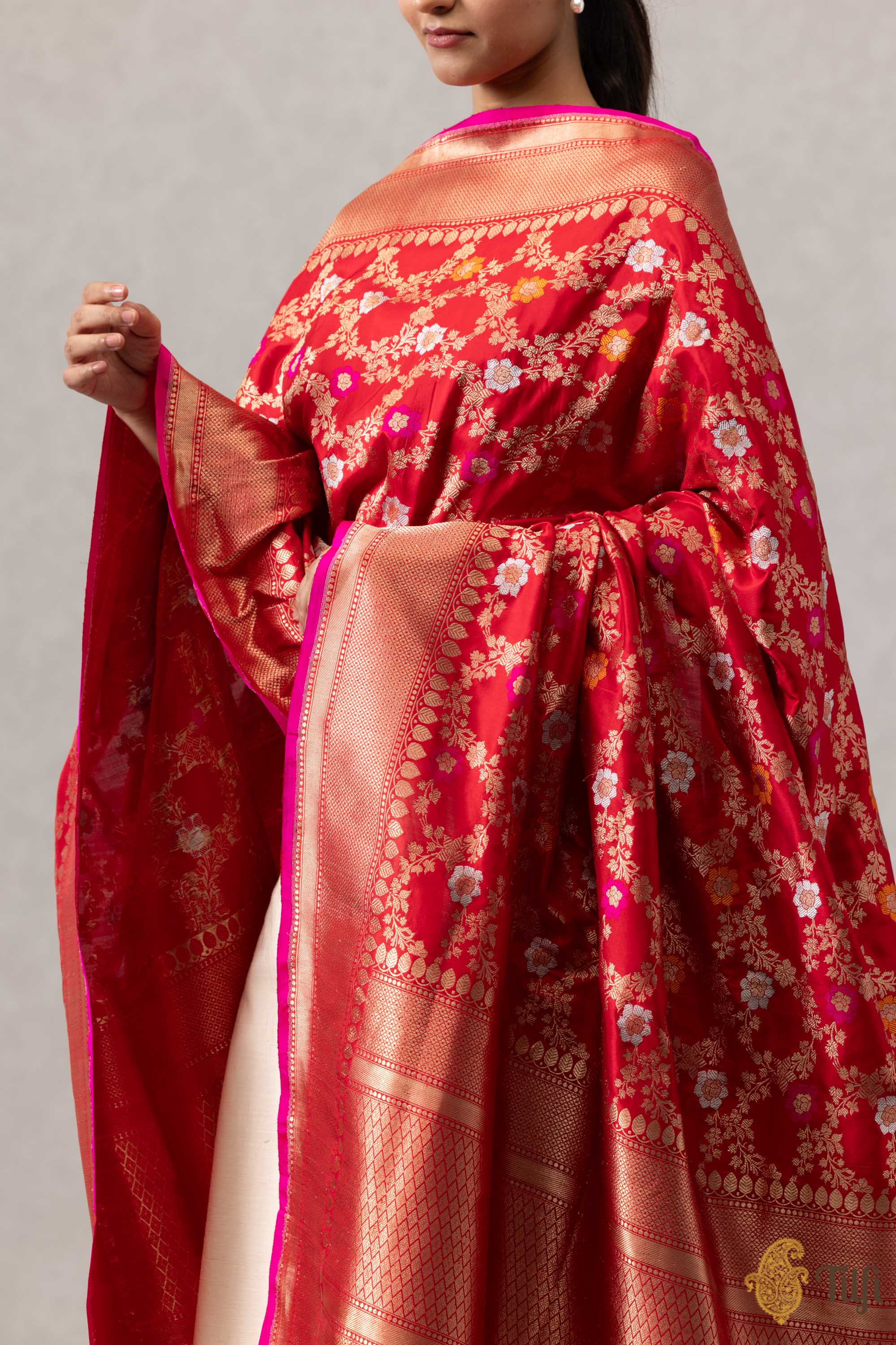 Red Pure Katan Silk Banarasi Handloom Dupatta - Tilfi