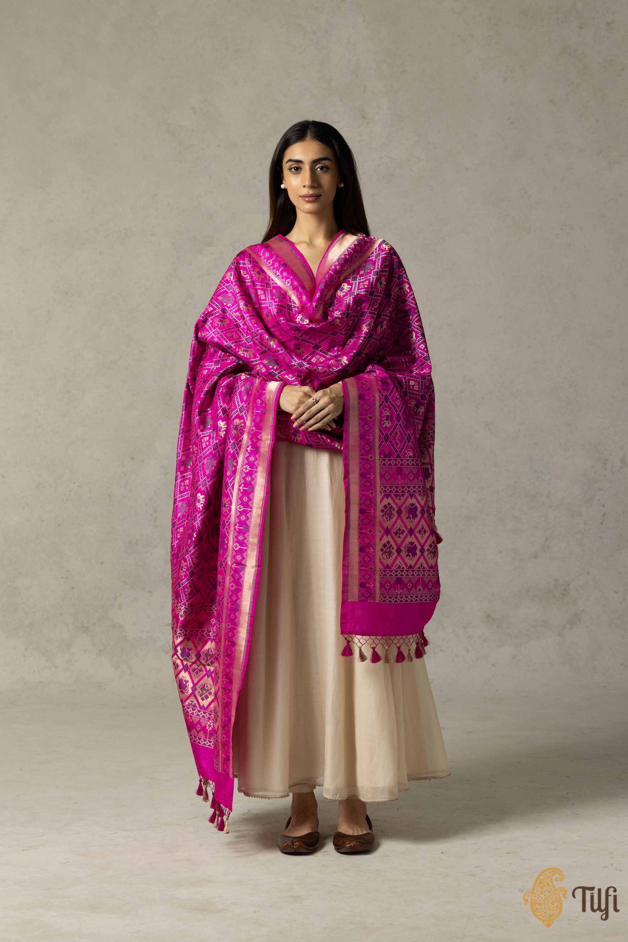 Rani Pink Pure Katan Silk Banarasi Handloom Patola Dupatta - Tilfi