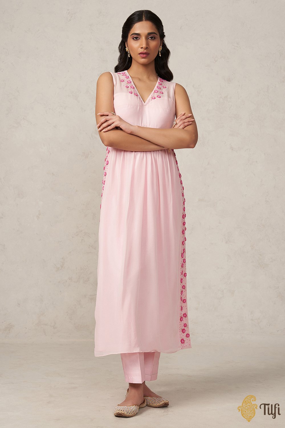 Light Pink Pure Georgette Handembroidered Kurta Set - Tilfi