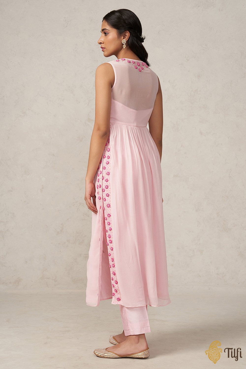 Light Pink Pure Georgette Handembroidered Kurta Set - Tilfi