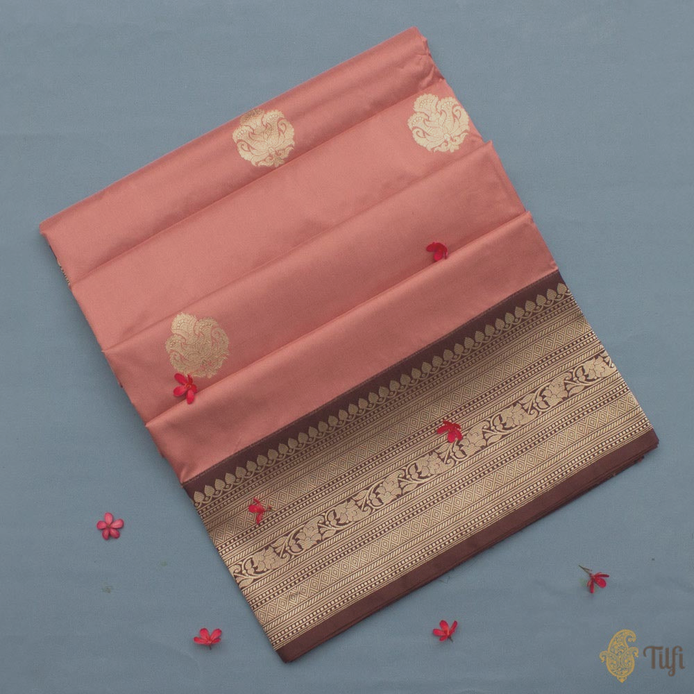 Gajri Pink-Dark Brown Pure Katan Silk Banarasi Kadiyal Handloom Saree ...