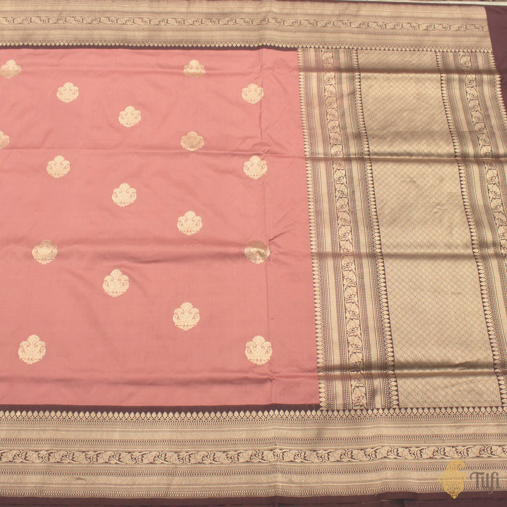 Gajri Pink-Dark Brown Pure Katan Silk Banarasi Kadiyal Handloom Saree ...