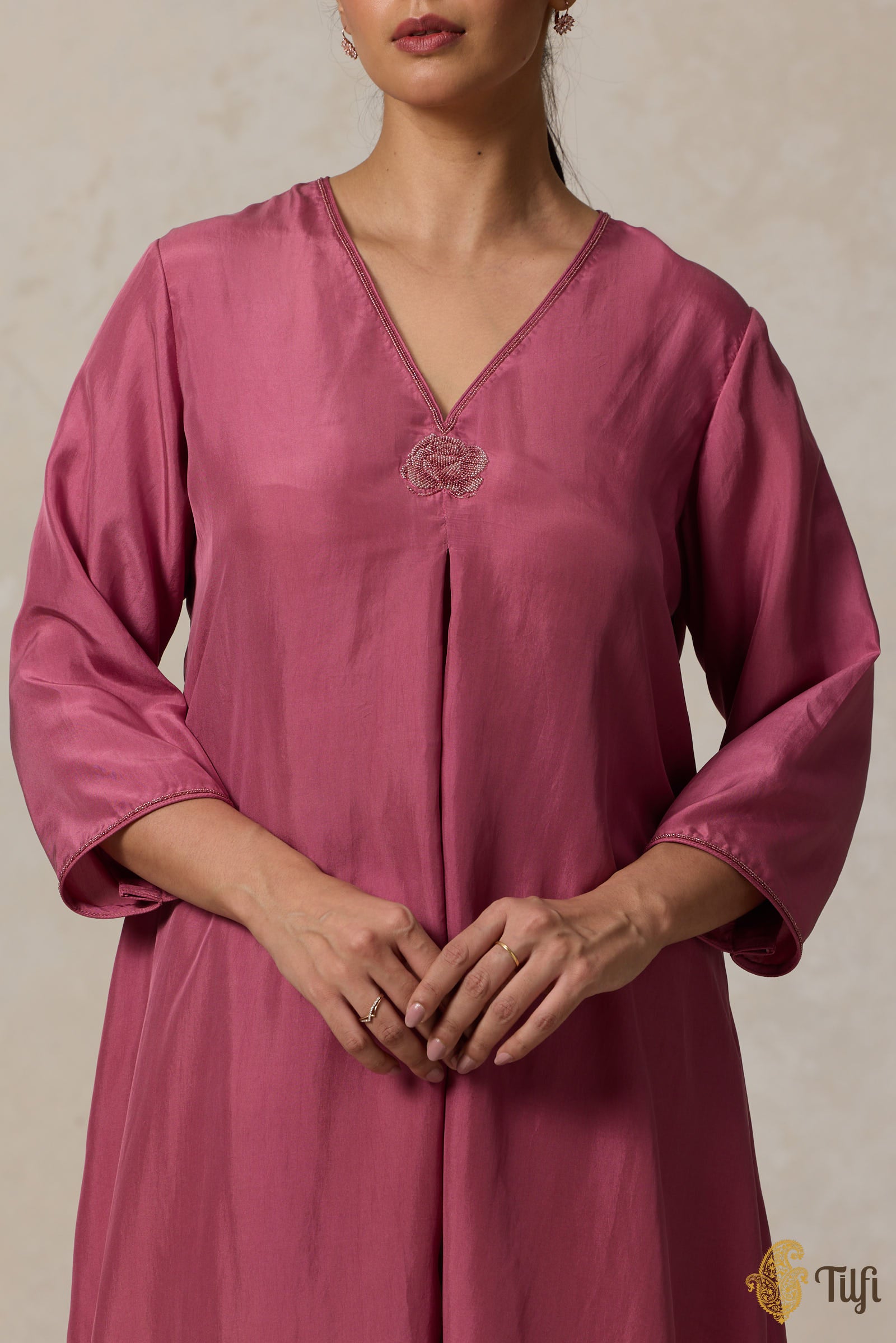 Pink Hand-Embroidered Pure Silk Suit Set - Tilfi