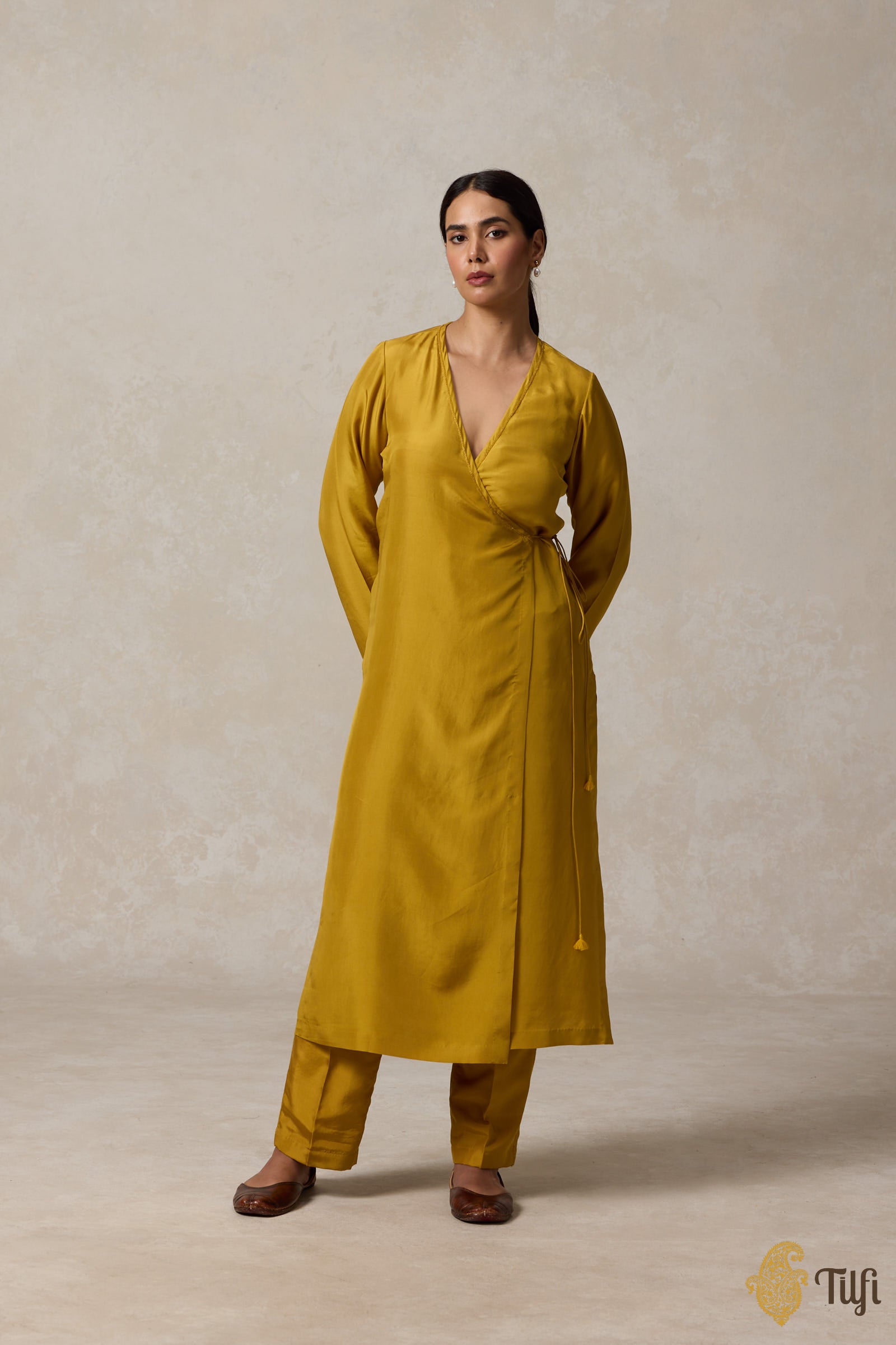 Mustard Pure Silk Hand-Embroidered Angrakha Suit Set - Tilfi