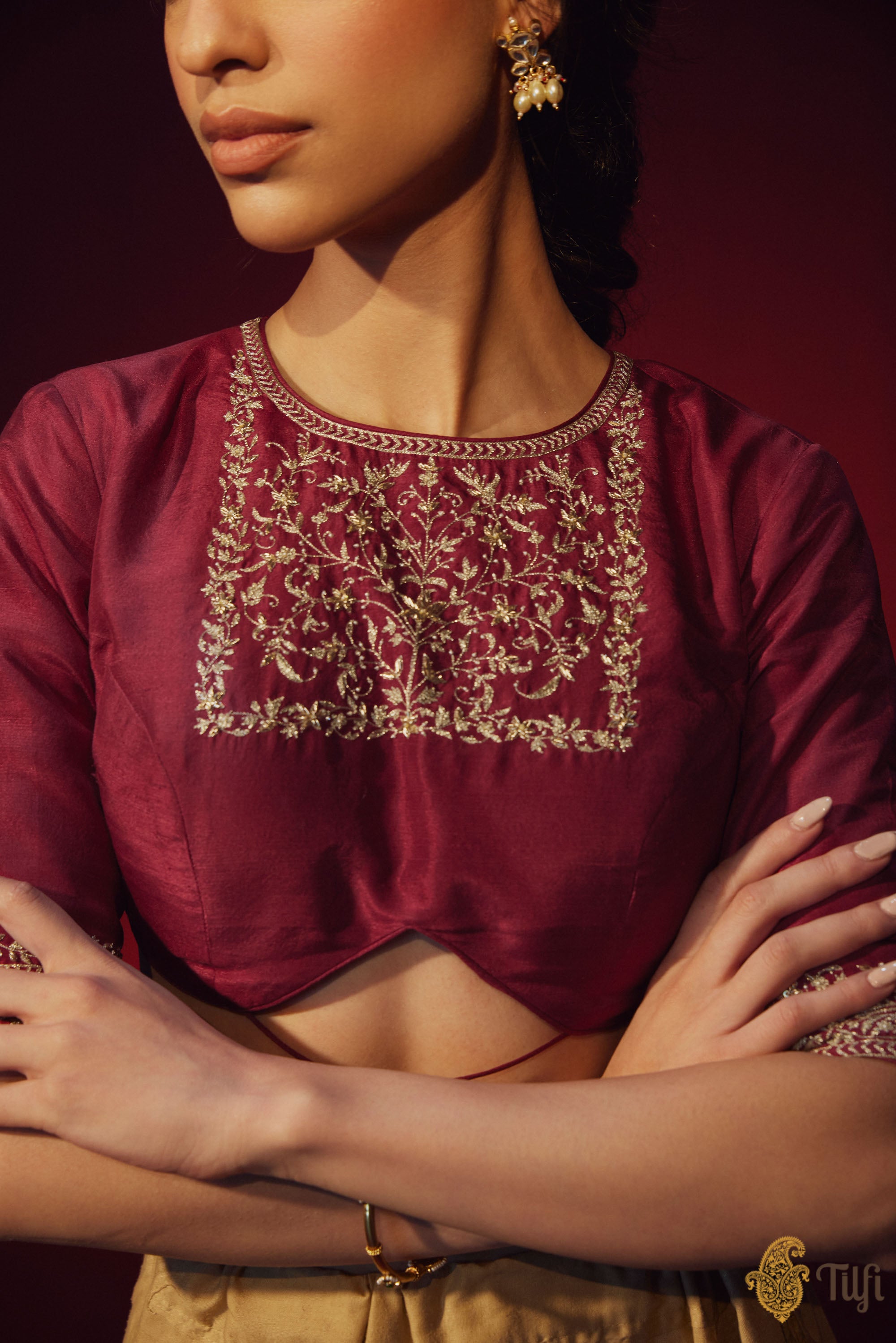 Maroon Hand-embroidered Raw Silk Blouse - Tilfi