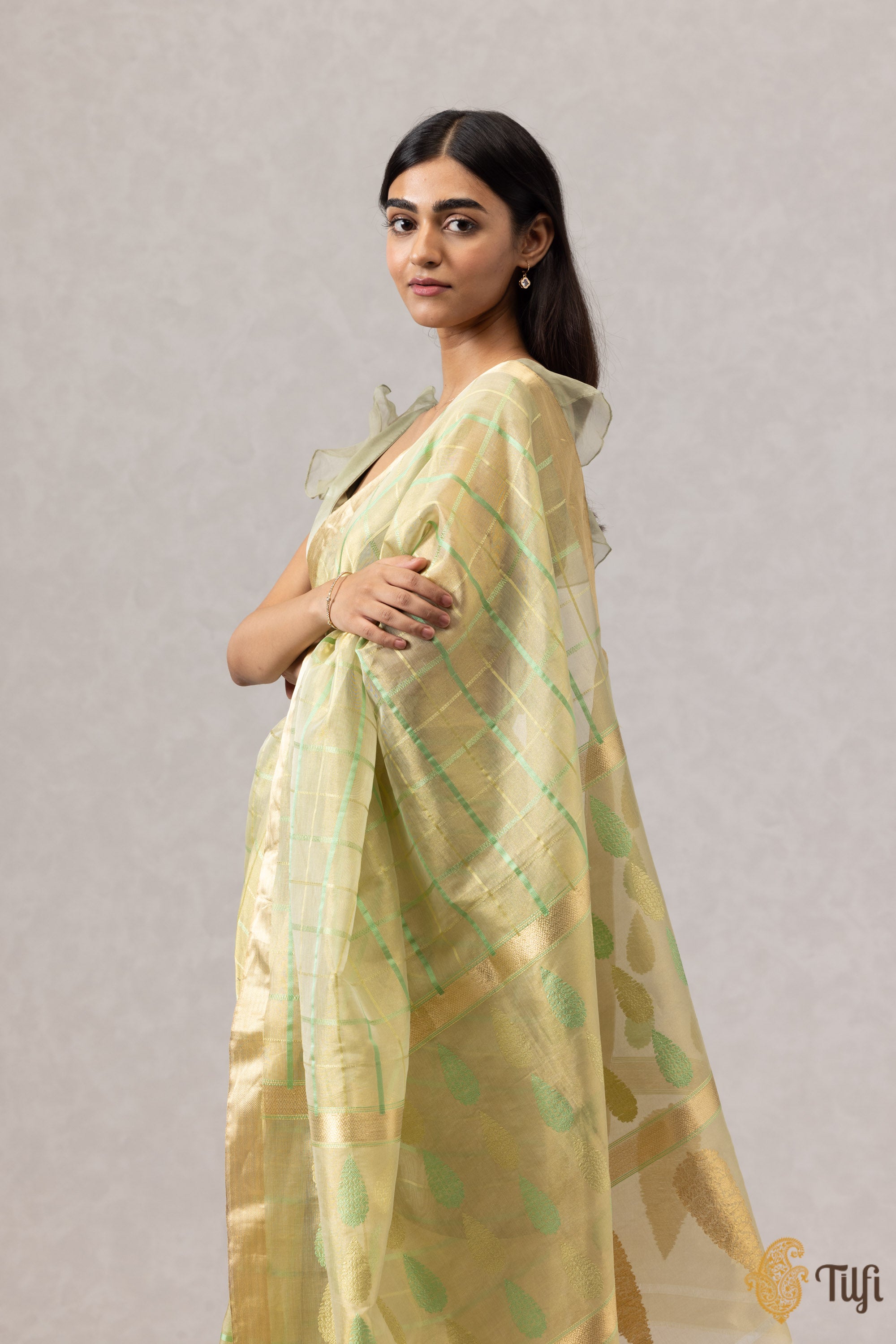 Pista Green Pure Cotton Tissue Ektara Banarasi Handloom Saree - Tilfi