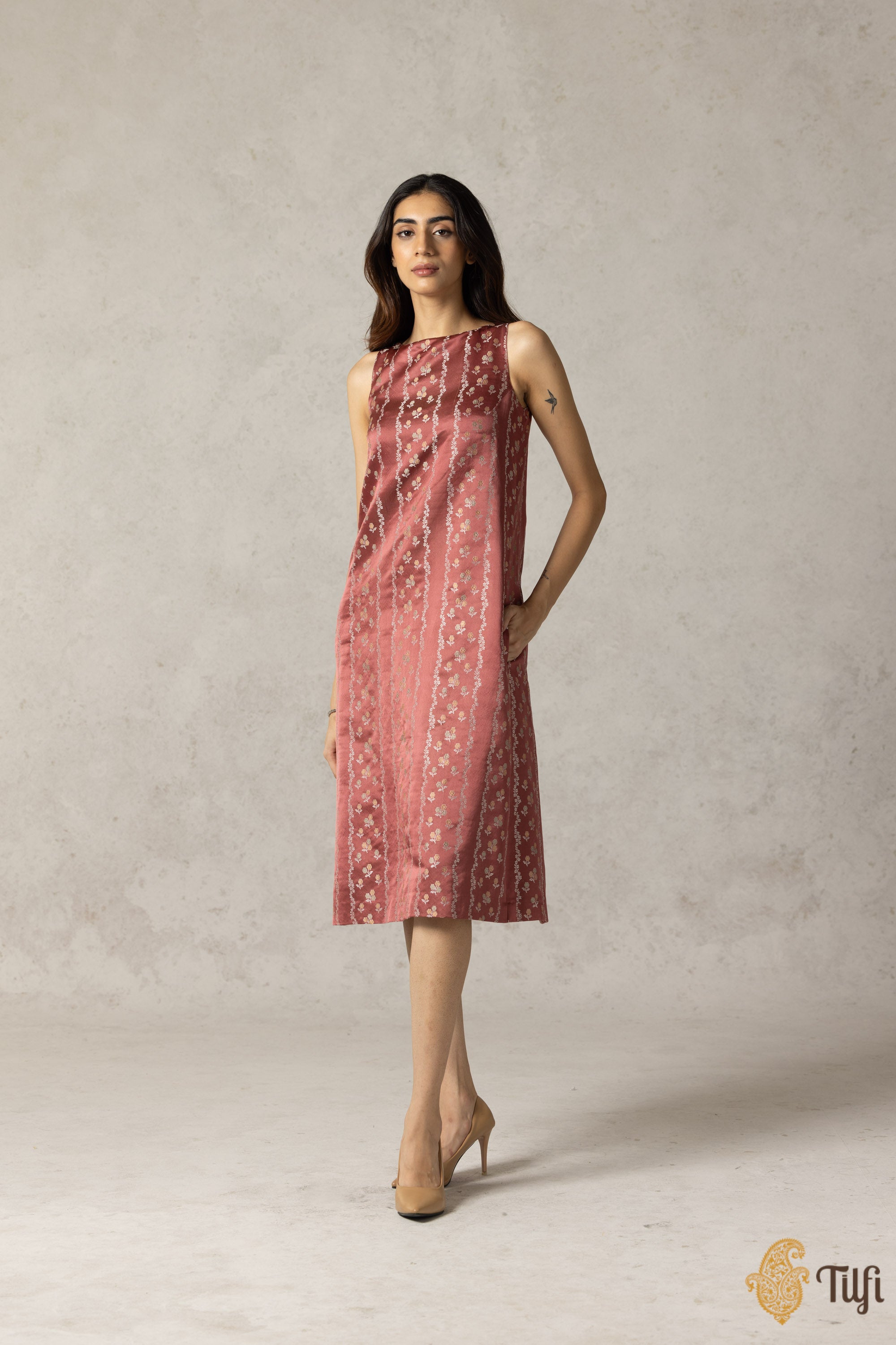 Old Rose Pink Pure Satin Silk Handwoven Dress - Tilfi