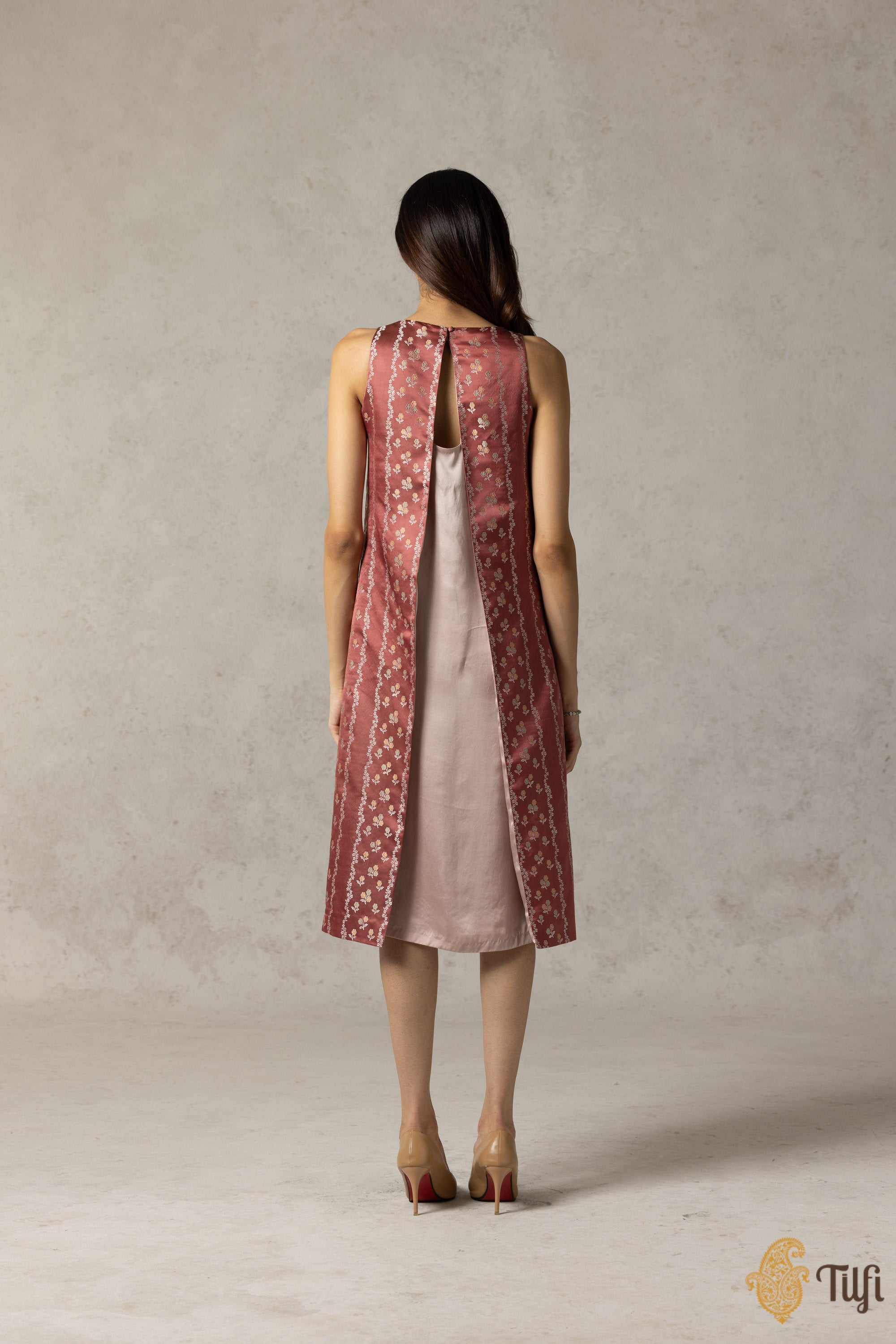Old Rose Pink Pure Satin Silk Handwoven Dress - Tilfi
