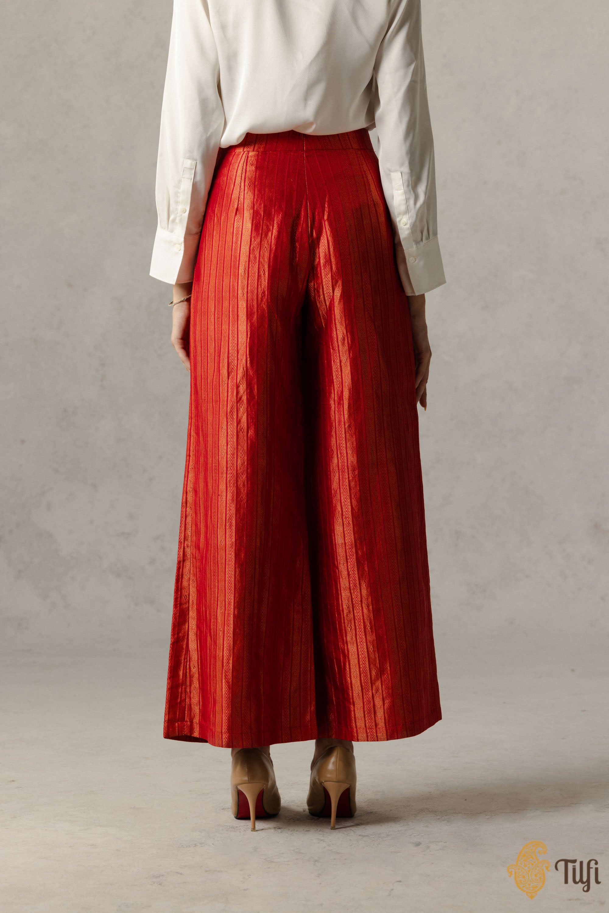 Red Pure Katan Silk Handwoven Striped Brocade Pants - Tilfi
