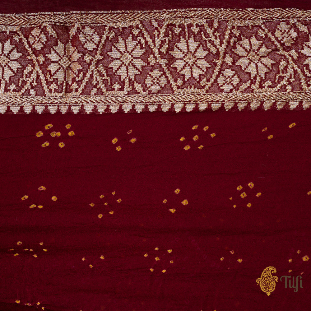 Deep Maroon Pure Georgette Banarasi Bandhani Handloom Saree - Tilfi