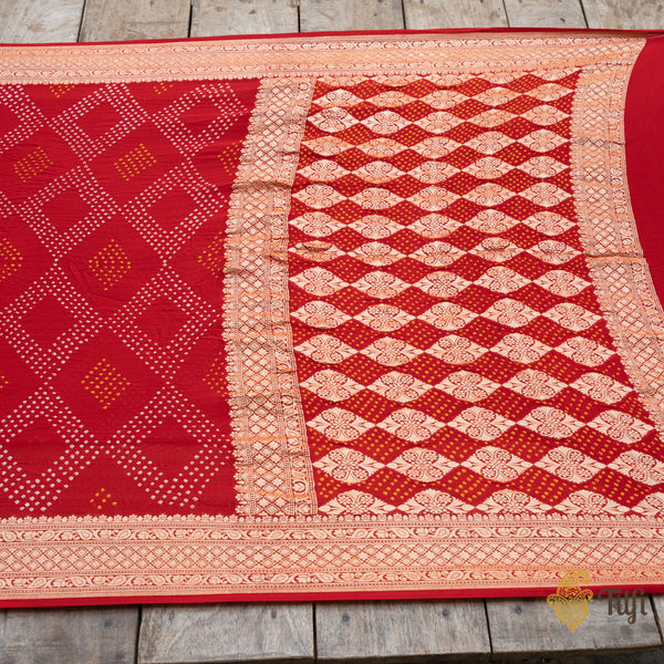 Red Pure Georgette Banarasi Bandhani Handloom Saree - Tilfi