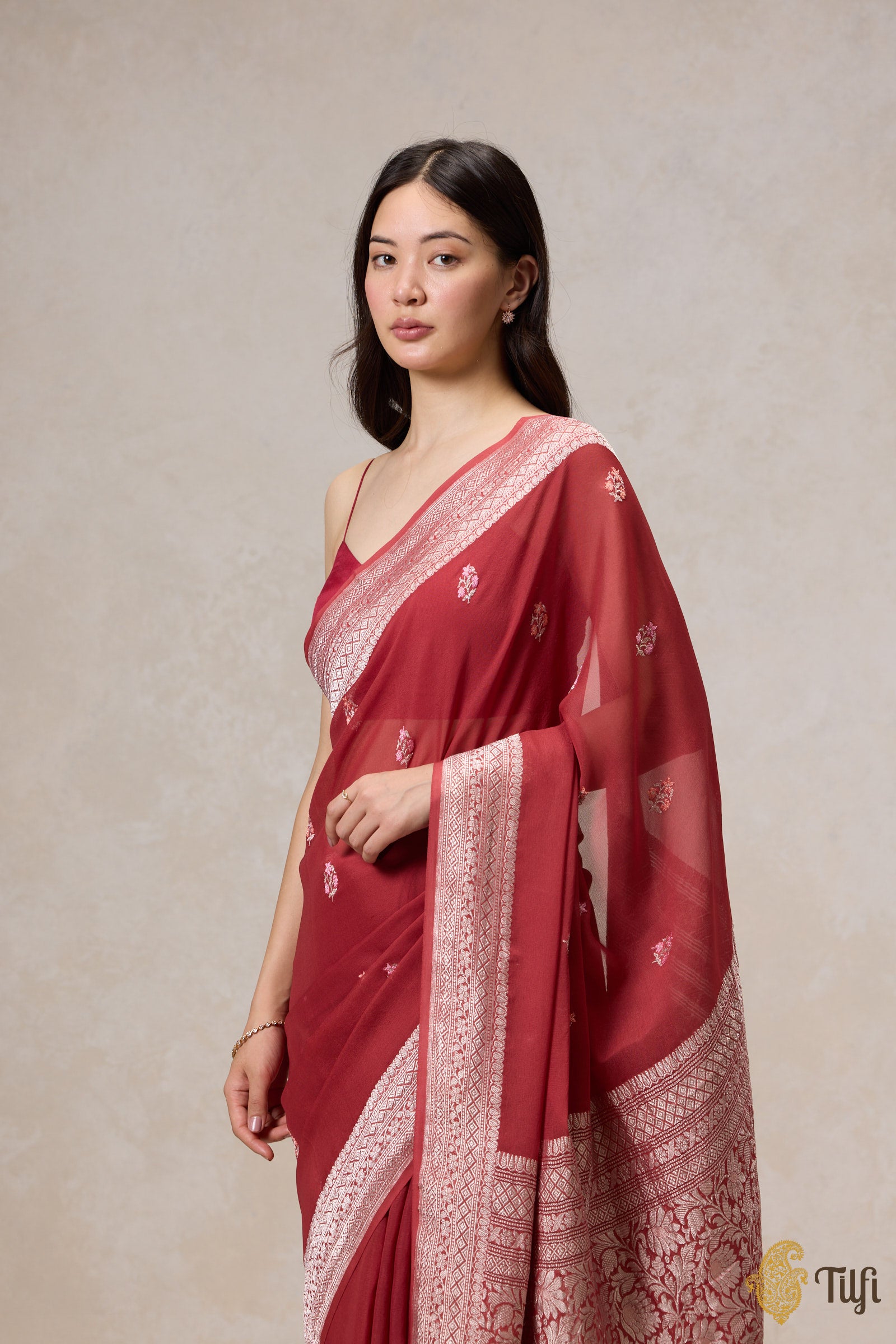 Terracotta Red Pure Khaddi Georgette Banarasi Handloom Saree - Tilfi