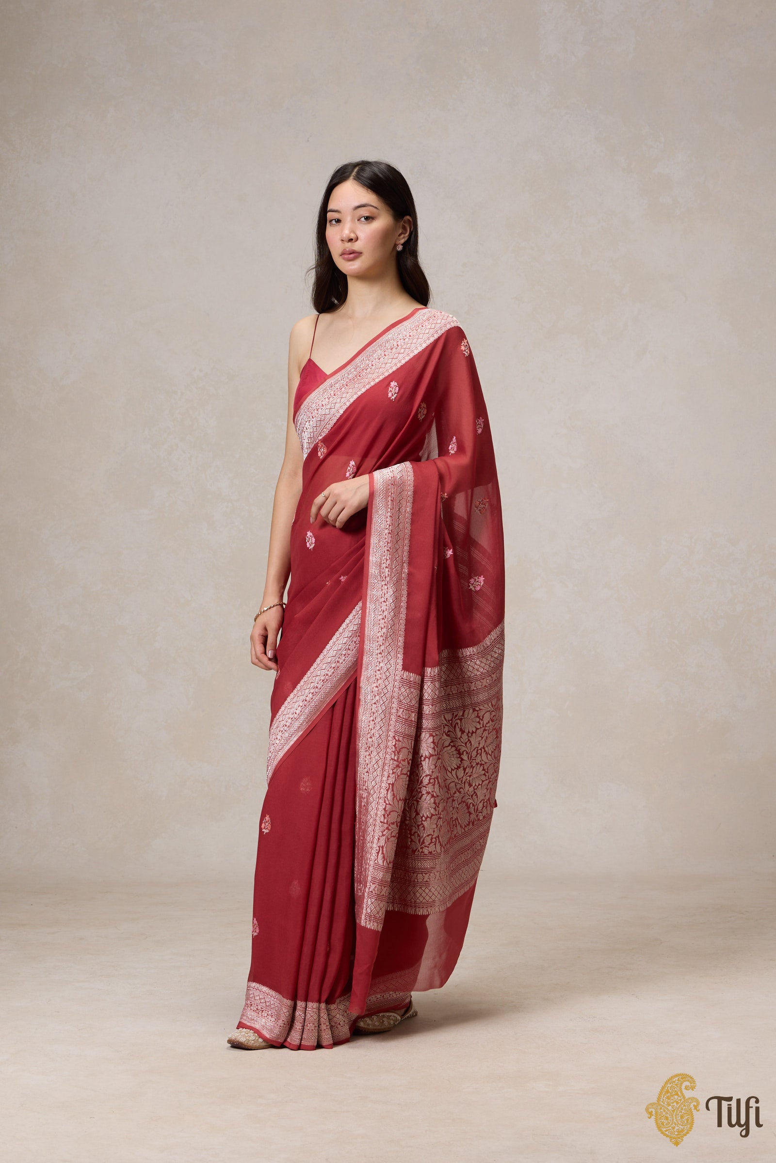 Terracotta Red Pure Khaddi Georgette Banarasi Handloom Saree - Tilfi