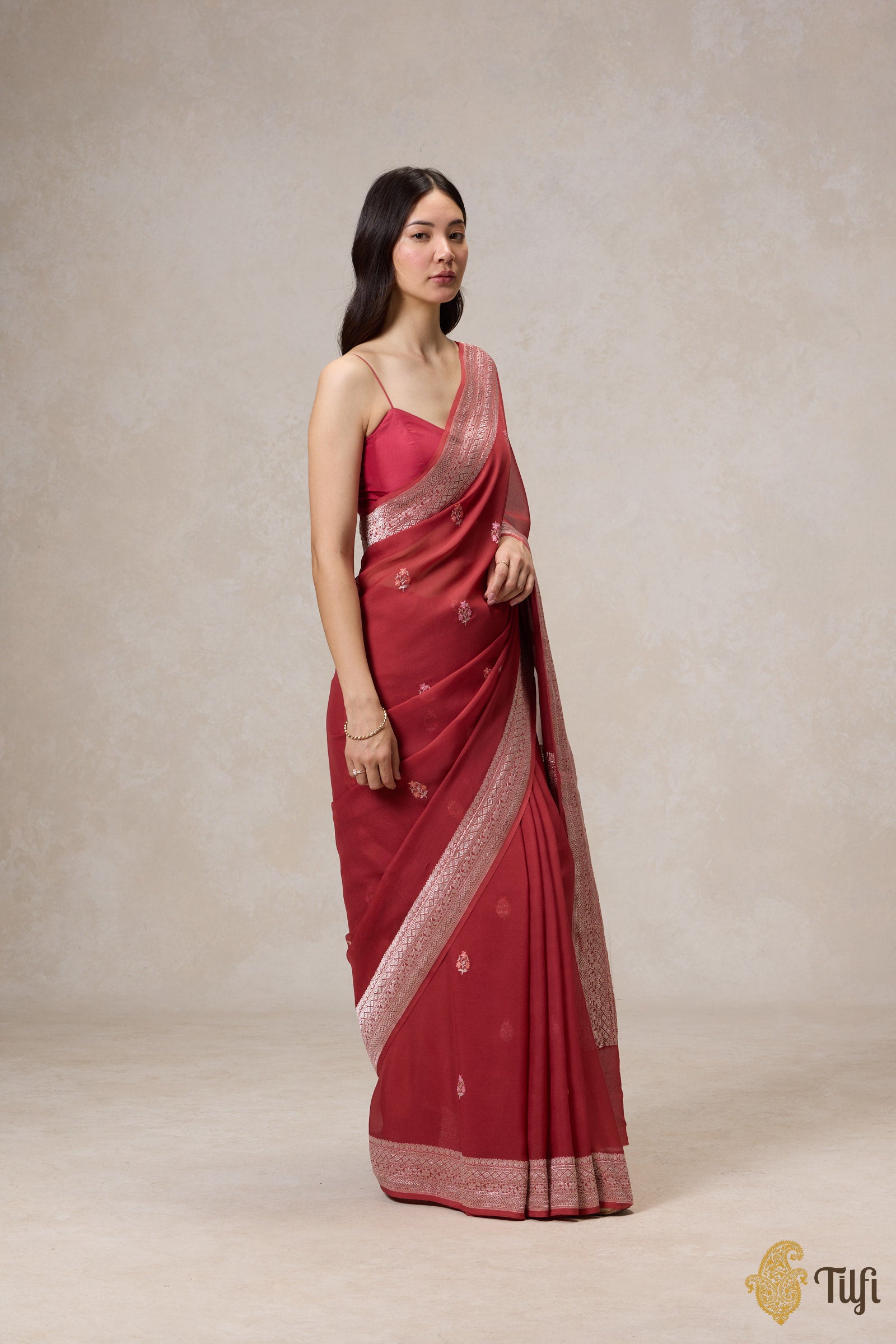 Terracotta Red Pure Khaddi Georgette Banarasi Handloom Saree - Tilfi
