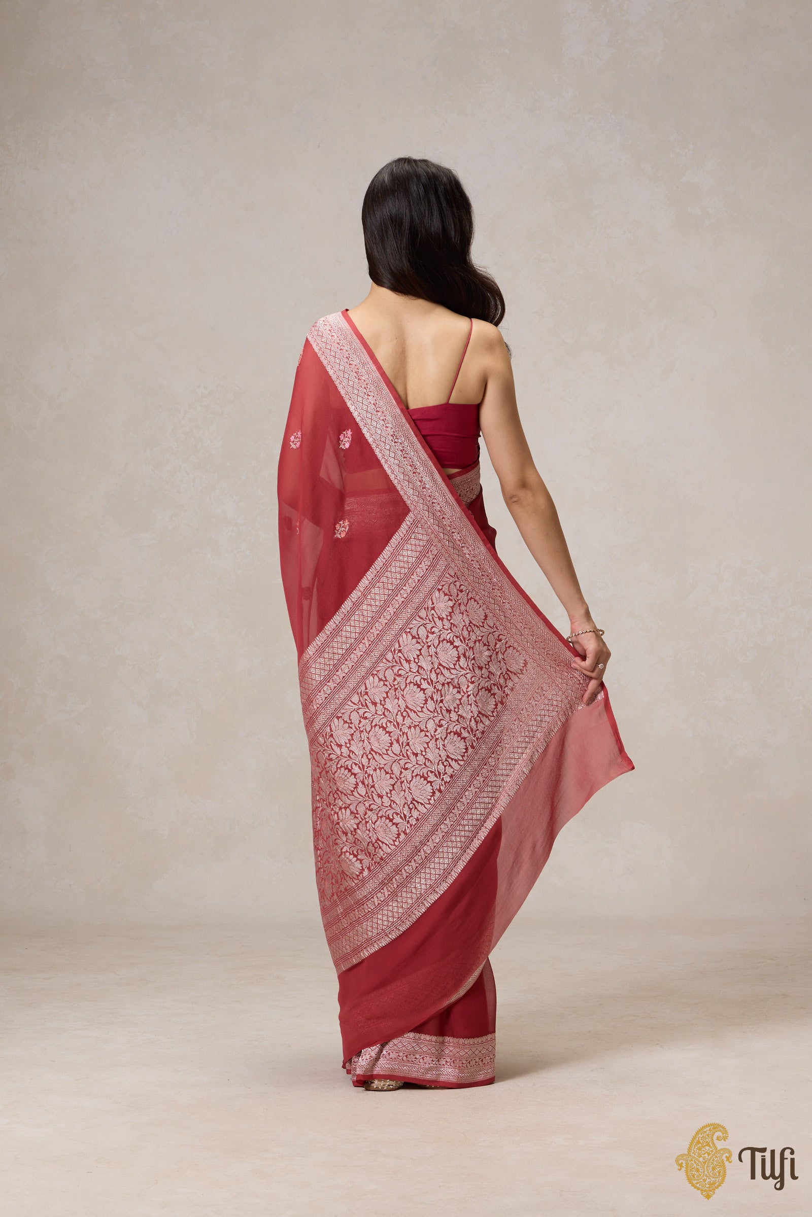 Terracotta Red Pure Khaddi Georgette Banarasi Handloom Saree - Tilfi