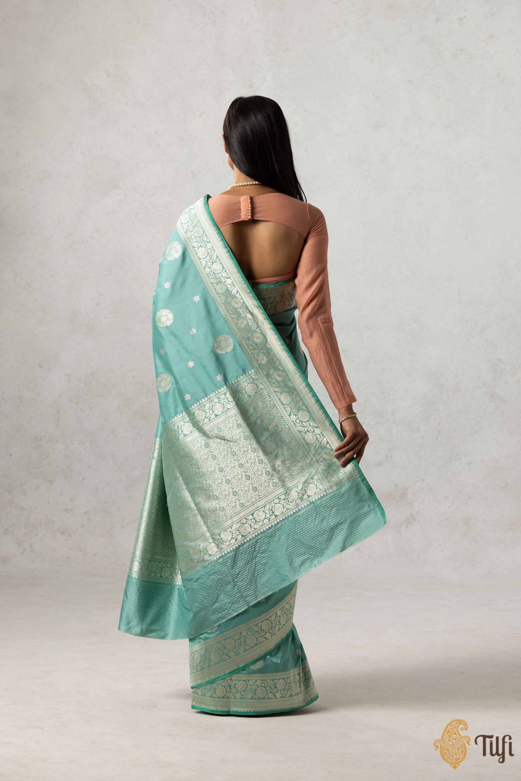 Pre-Order: Light Aqua Blue Pure Katan Silk Banarasi Handloom Saree - Tilfi