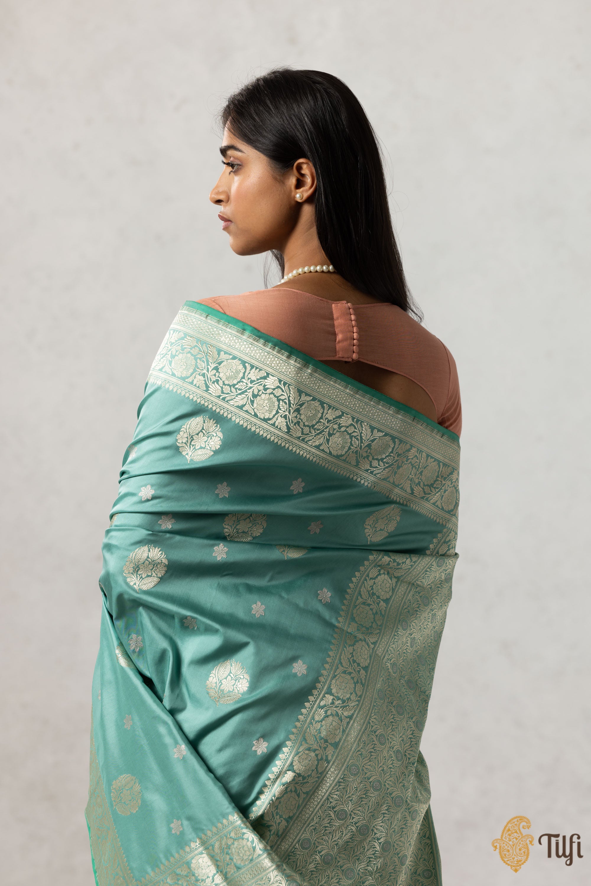 Pre-Order: Light Aqua Blue Pure Katan Silk Banarasi Handloom Saree - Tilfi