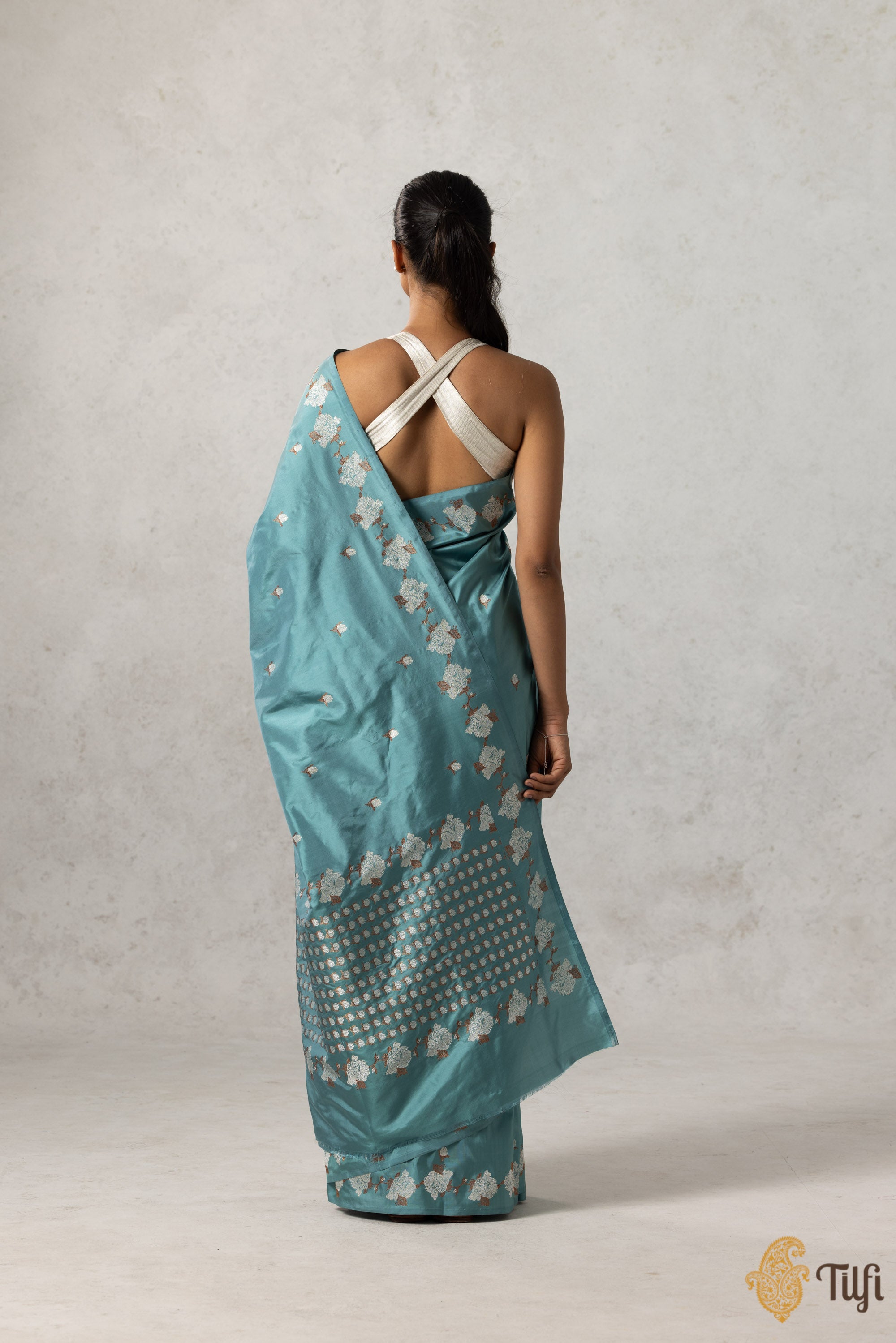 'Firoza' Dusty Blue Pure Katan Silk Banarasi Handloom Saree - Tilfi