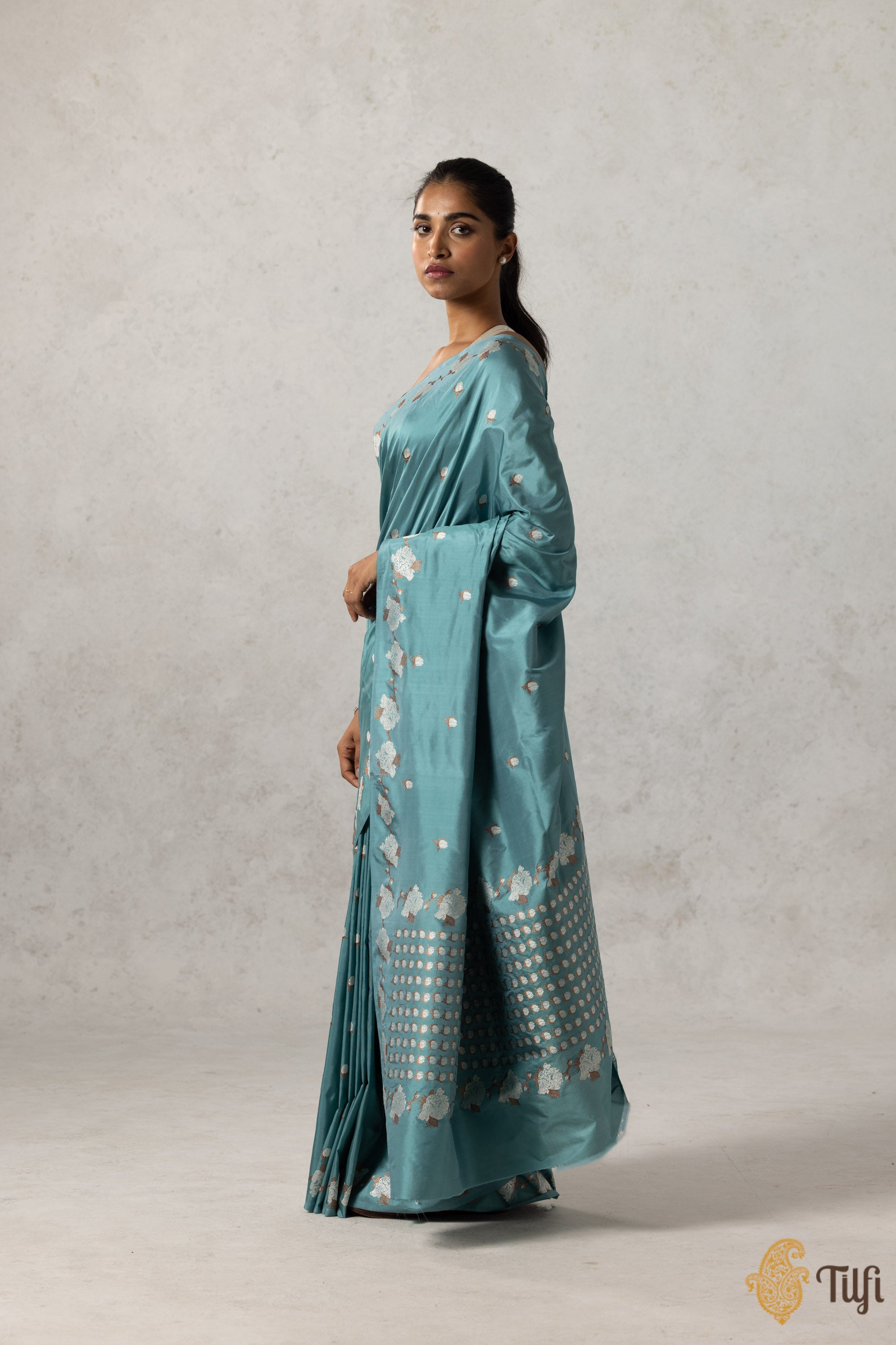 'Firoza' Dusty Blue Pure Katan Silk Banarasi Handloom Saree - Tilfi