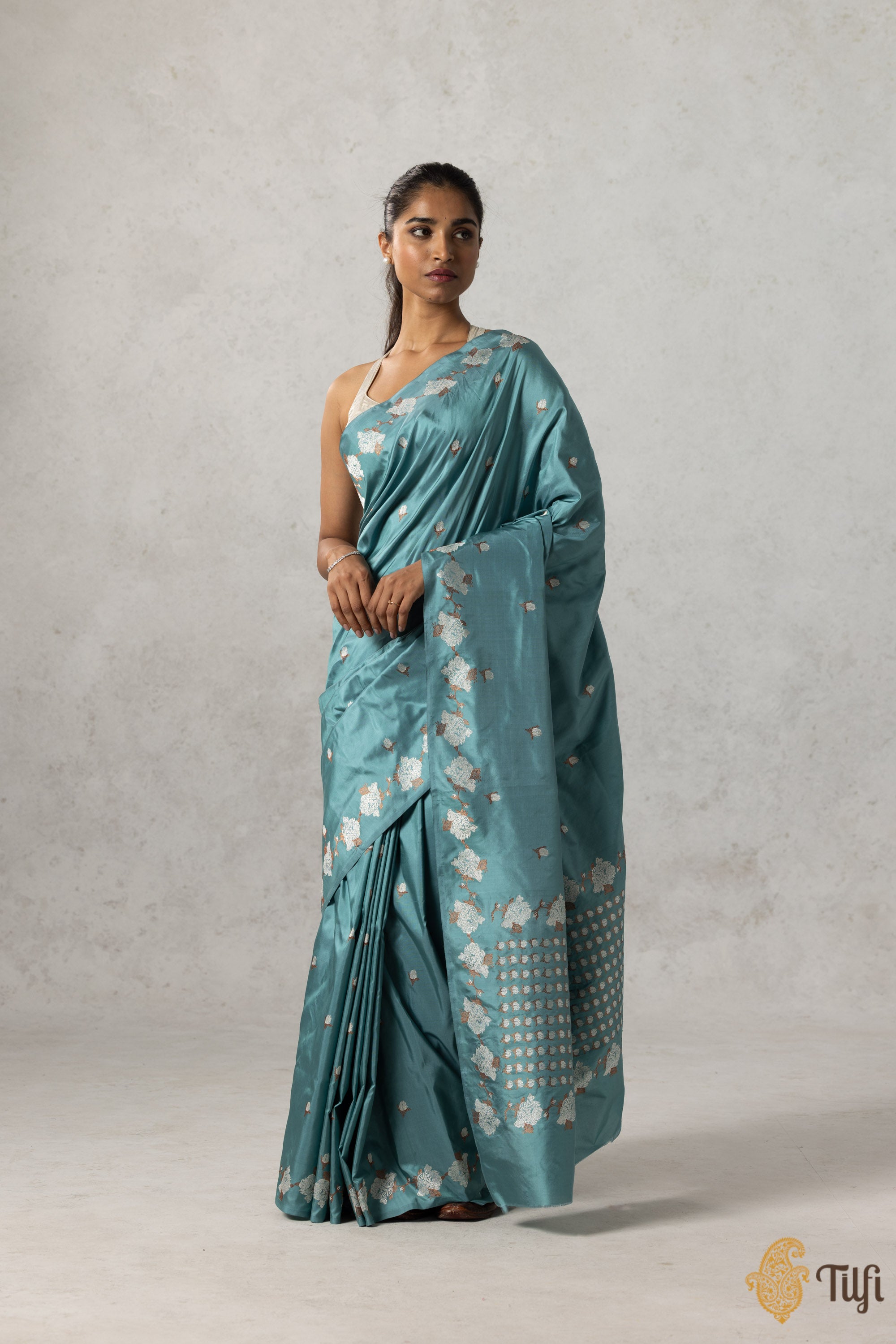 'Firoza' Dusty Blue Pure Katan Silk Banarasi Handloom Saree - Tilfi