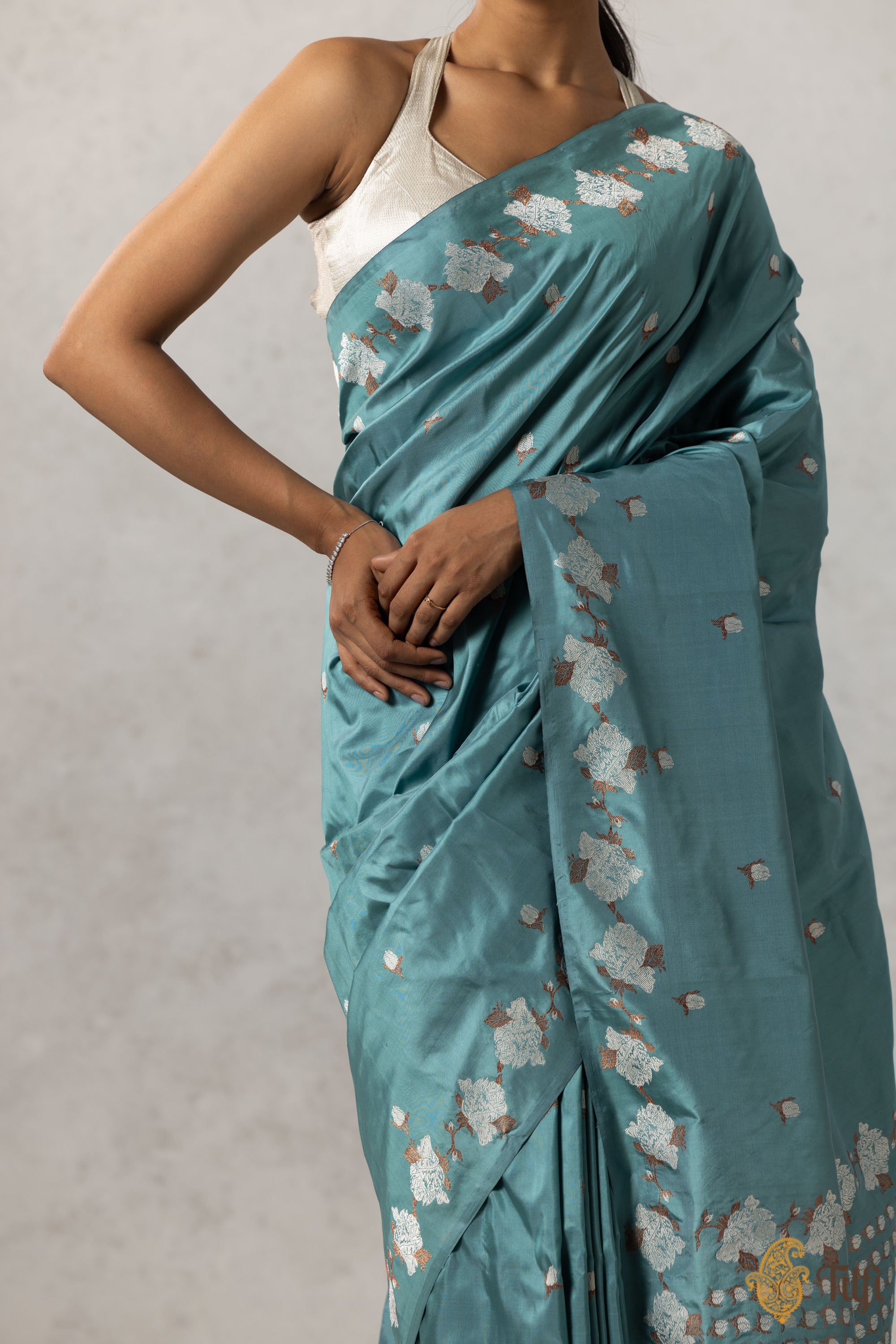 'Firoza' Dusty Blue Pure Katan Silk Banarasi Handloom Saree - Tilfi