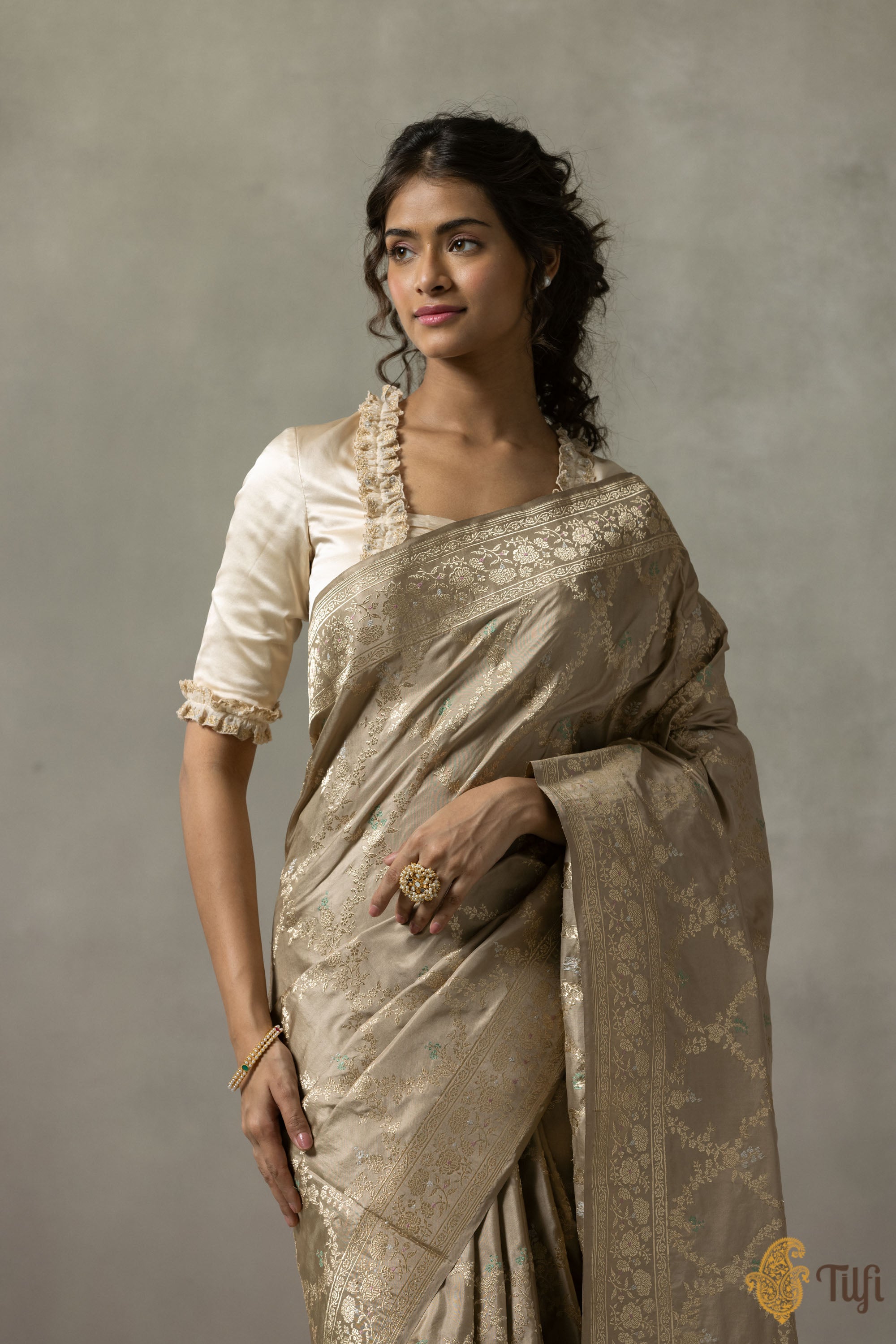 'Anne' Tan Beige Pure Katan Silk Banarasi Handloom Saree - Tilfi