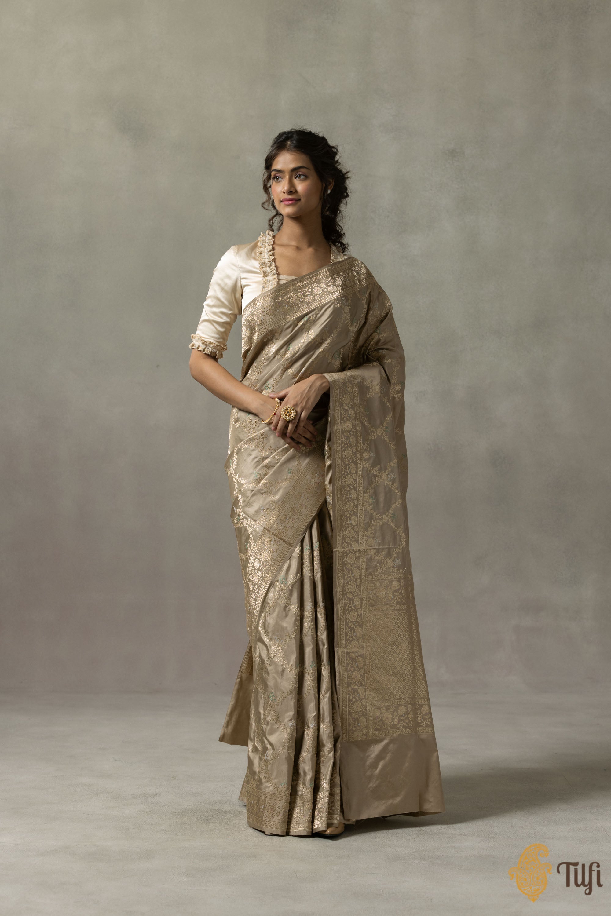 'Anne' Tan Beige Pure Katan Silk Banarasi Handloom Saree - Tilfi