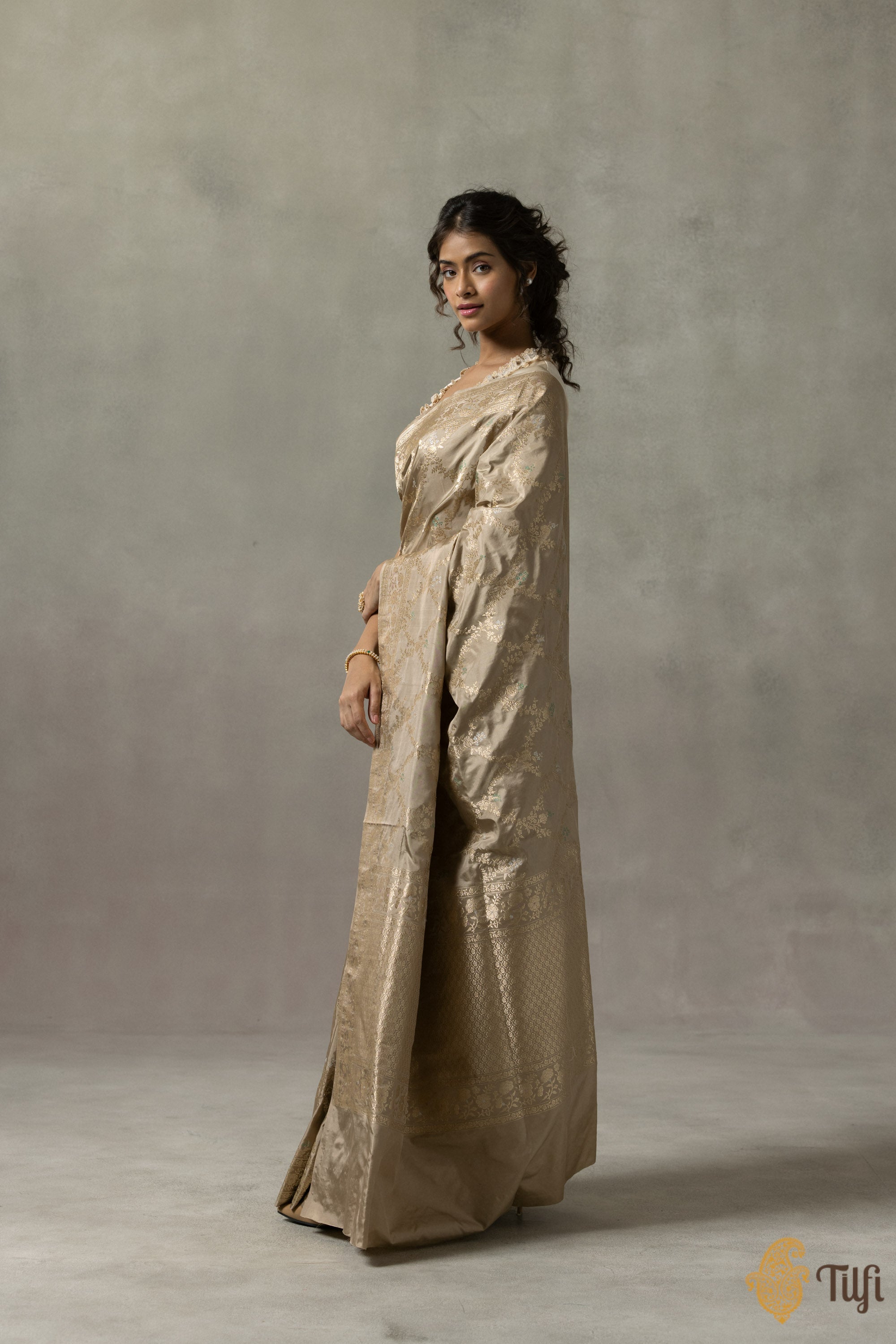 'Anne' Tan Beige Pure Katan Silk Banarasi Handloom Saree - Tilfi