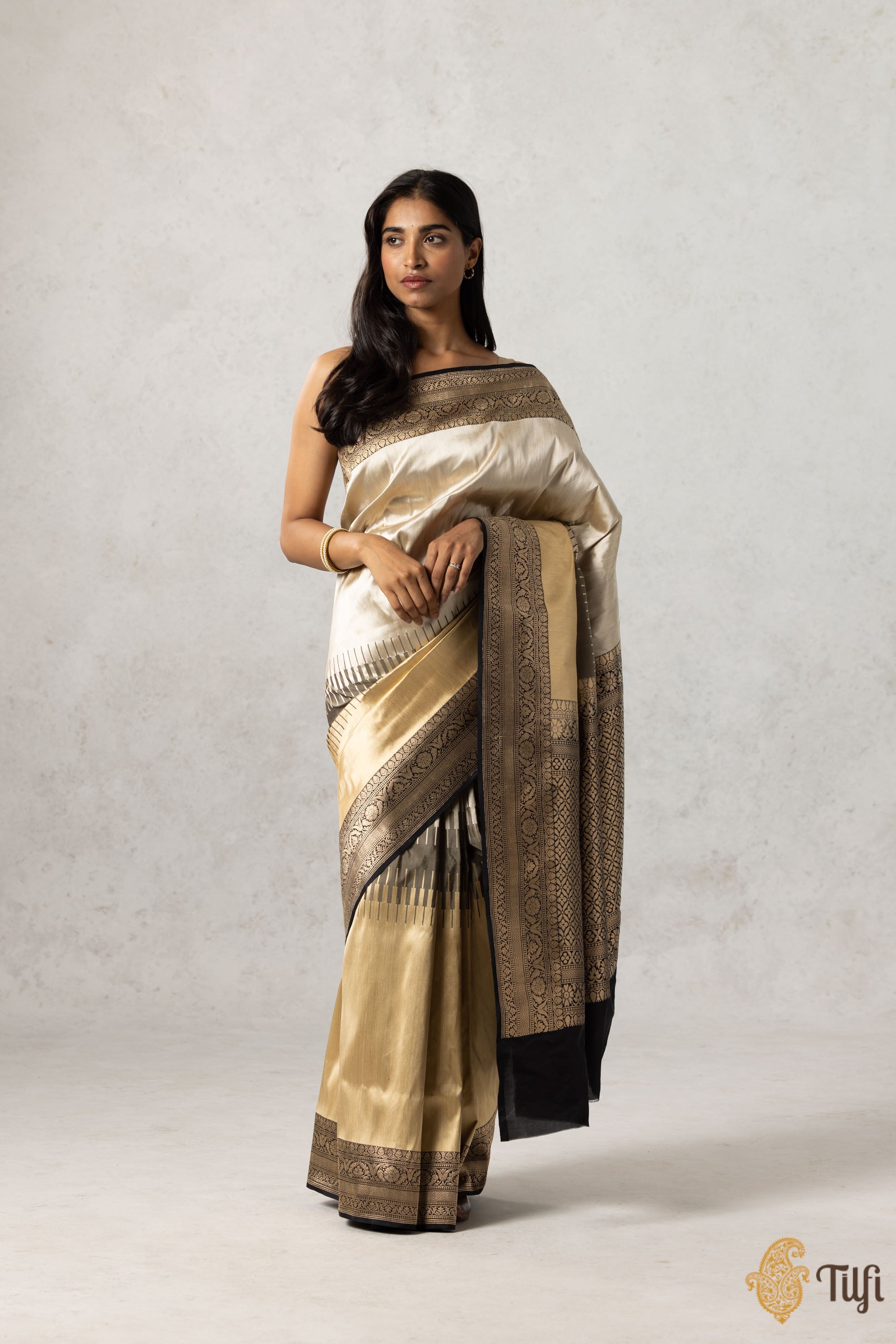 Gold-Black Pure Katan Silk Banarasi Handloom Saree - Tilfi
