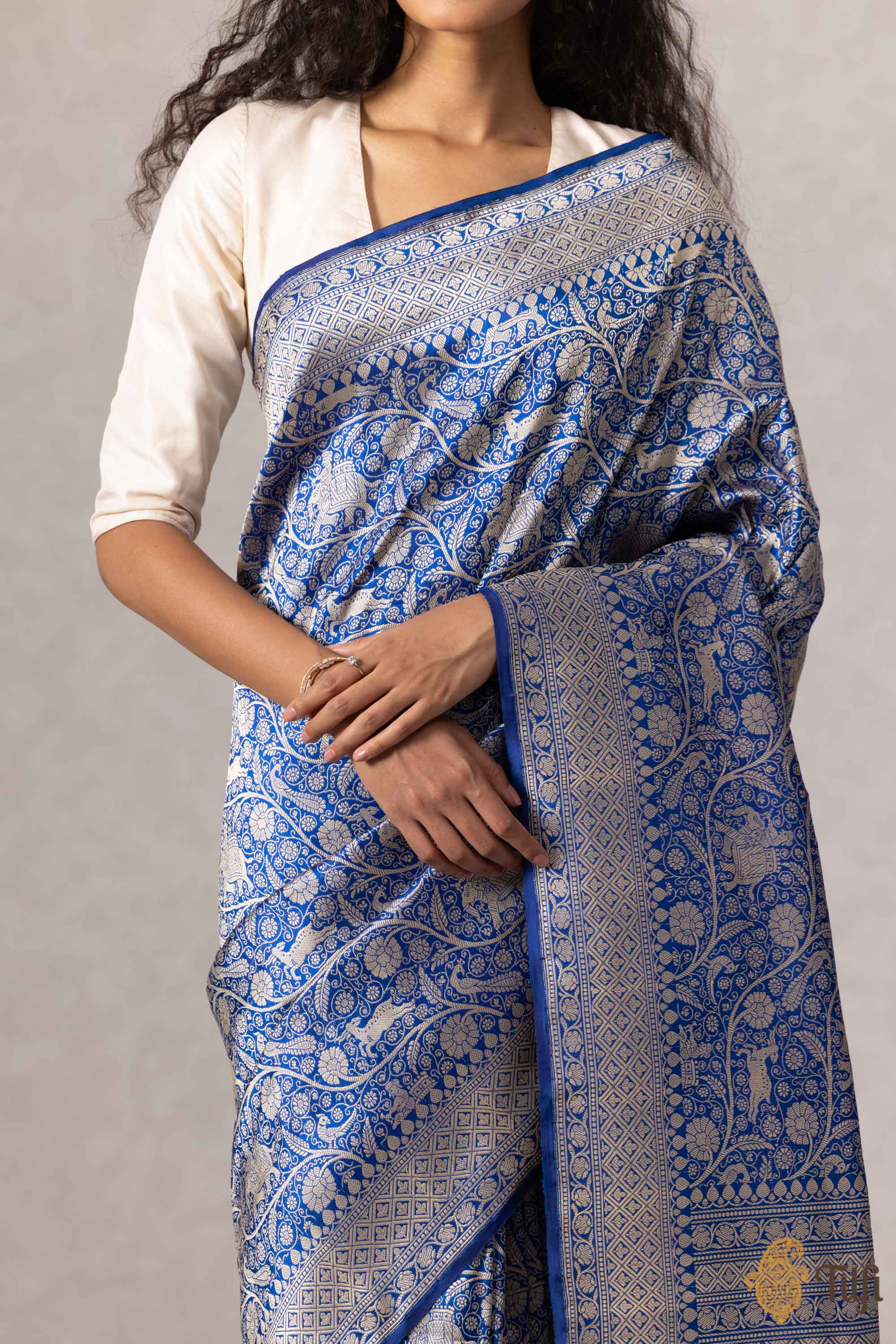 Royal Blue Pure Katan Silk Banarasi Shikargah Handloom Saree - Tilfi