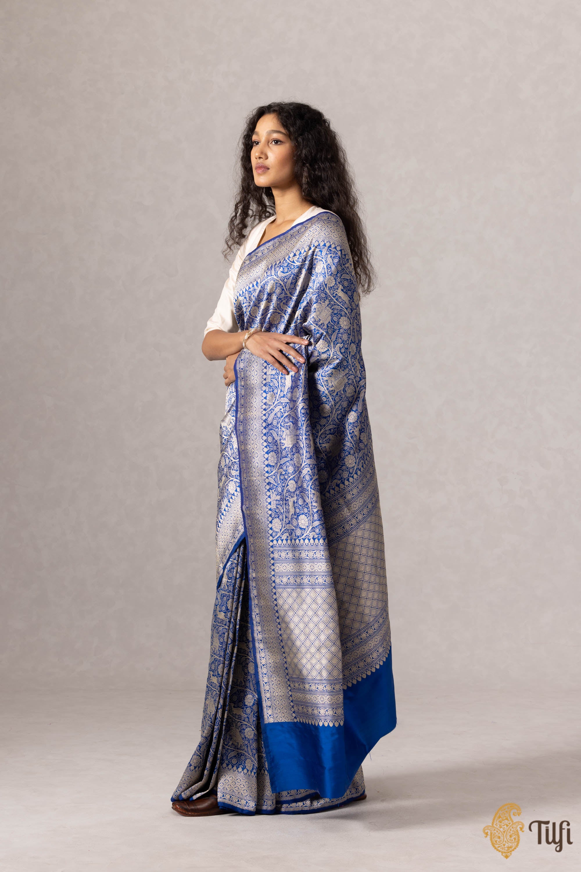 Royal Blue Pure Katan Silk Banarasi Shikargah Handloom Saree - Tilfi